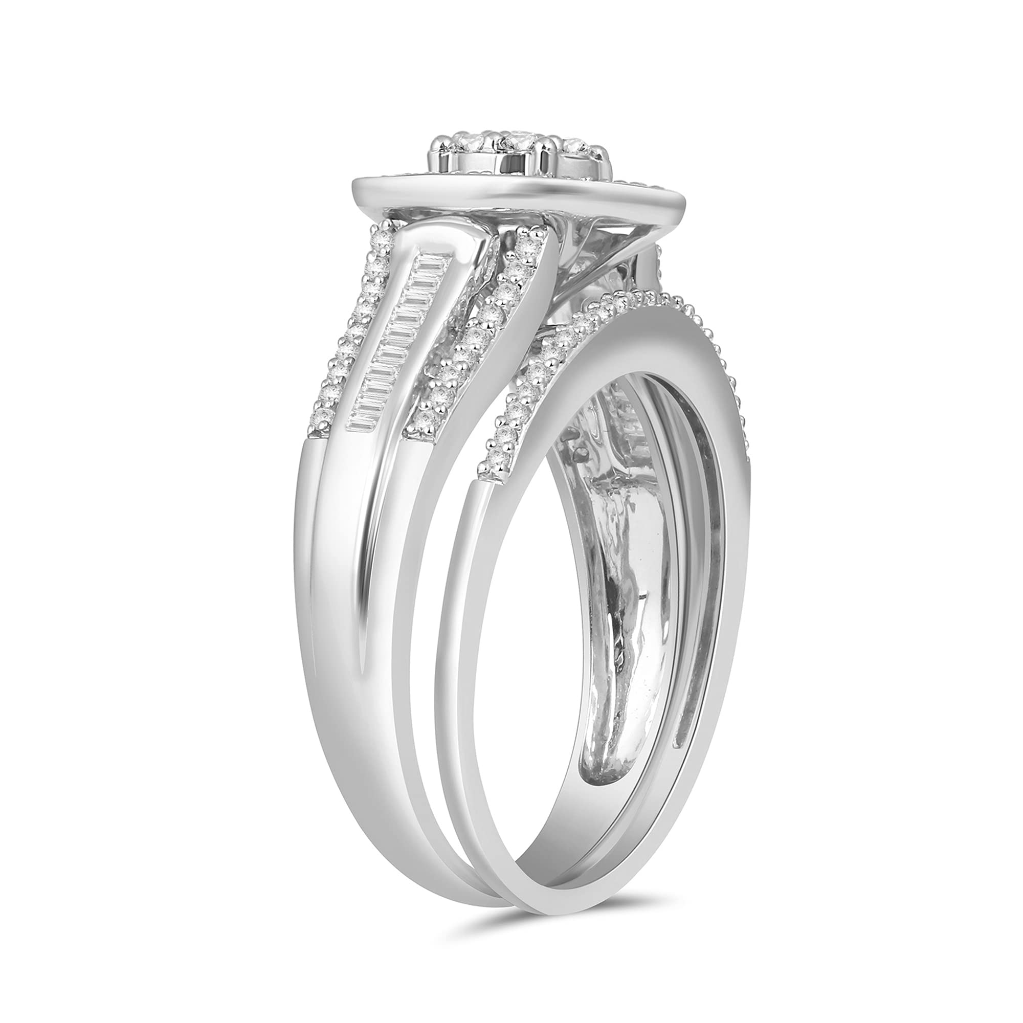 Jewelili Sterling Silver 1/2 Cttw Natural White Baguette and Round Shape Diamond Ring, Size 8