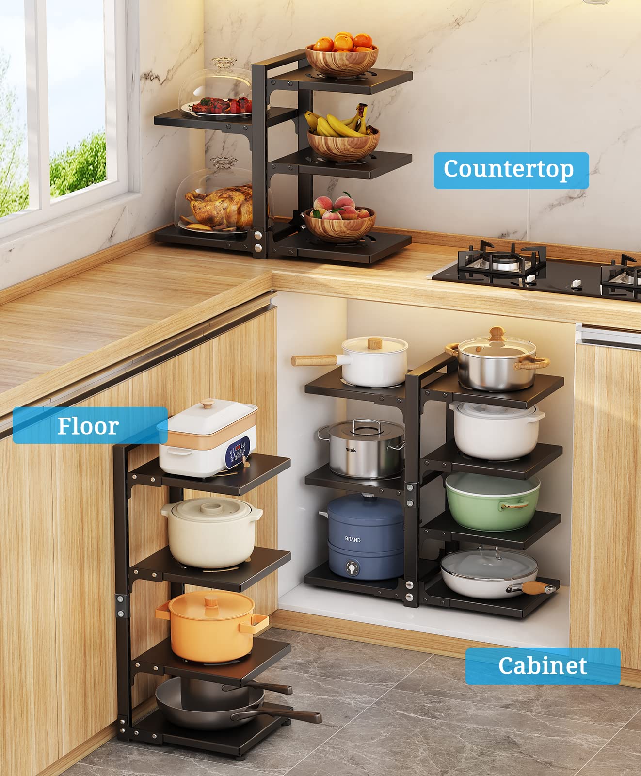 Kswoicykley Pots and Pans Organizer for Cabinet Storage, Adjustable 8-Tier Heavy-Duty Pot Rack for Kitchen Organization, Pot Lid and Pan Holder, Space-Saving Kitchen Cabinet Organizer Rack (8 tiers)