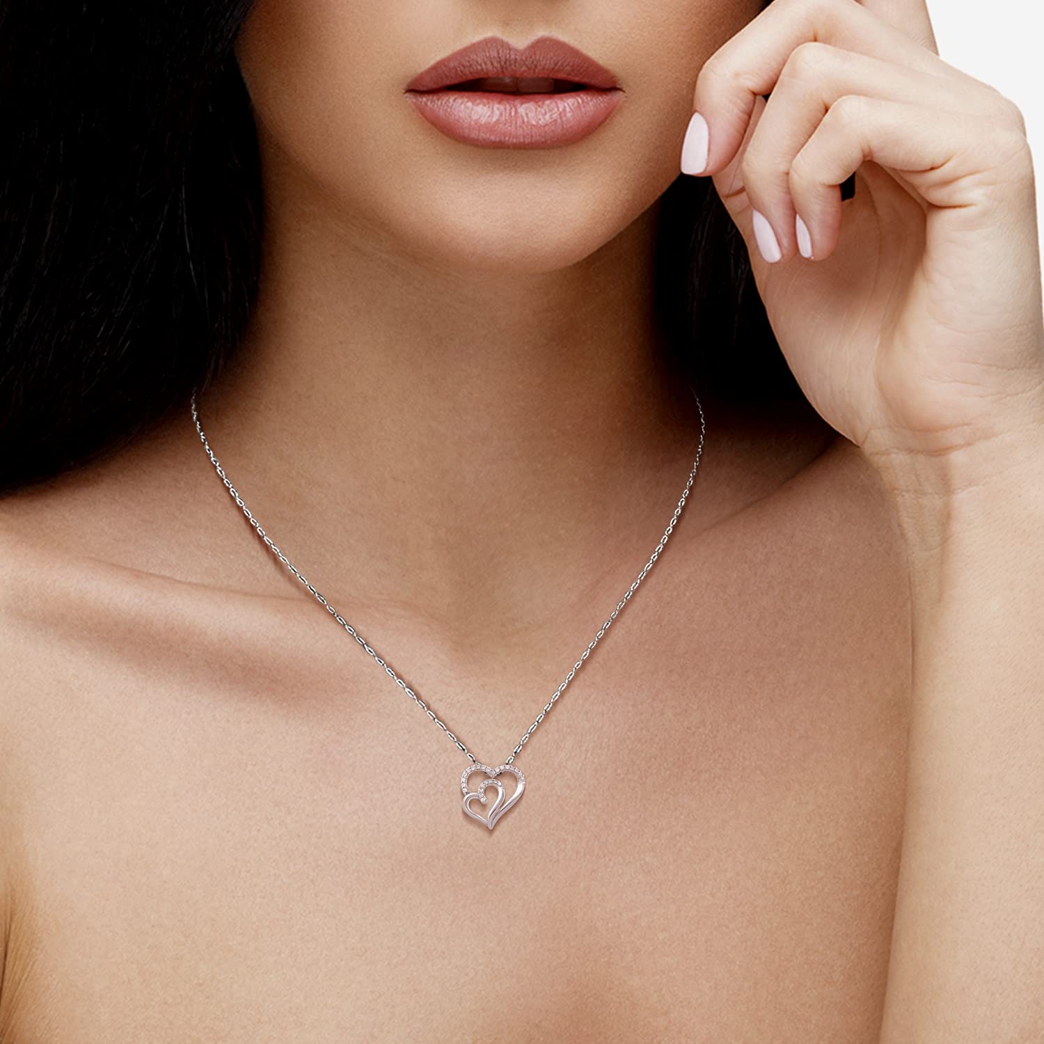 Jewelili Sterling Silver 1/4 Cttw Natural White Round Diamond Double Heart Pendant Necklace, 18" Cable Chain