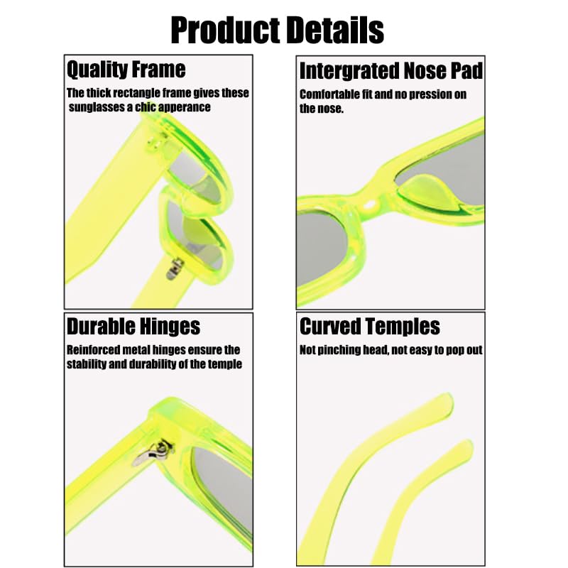 Laurinny Green Sunglasses for Women Retro 90s Vintage Fashion Narrow Rectangle Frame Lime Green Glasses