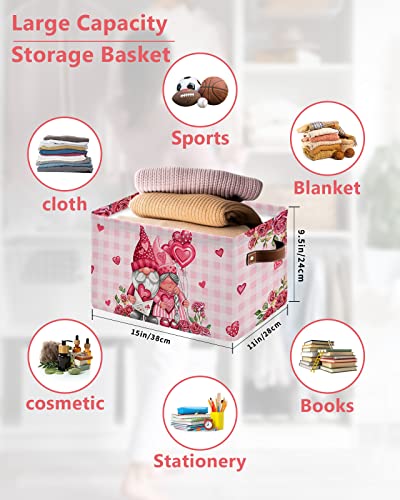 Valentine's Day Gnomes Storage Bins Shelf Baskets, Collapsible Cube Basket with Handles, Pink Plaid Love Heart Roses Waterproof Organizer for Toys/Closet/Blanket 15"x11"x9.5", 1 Pack