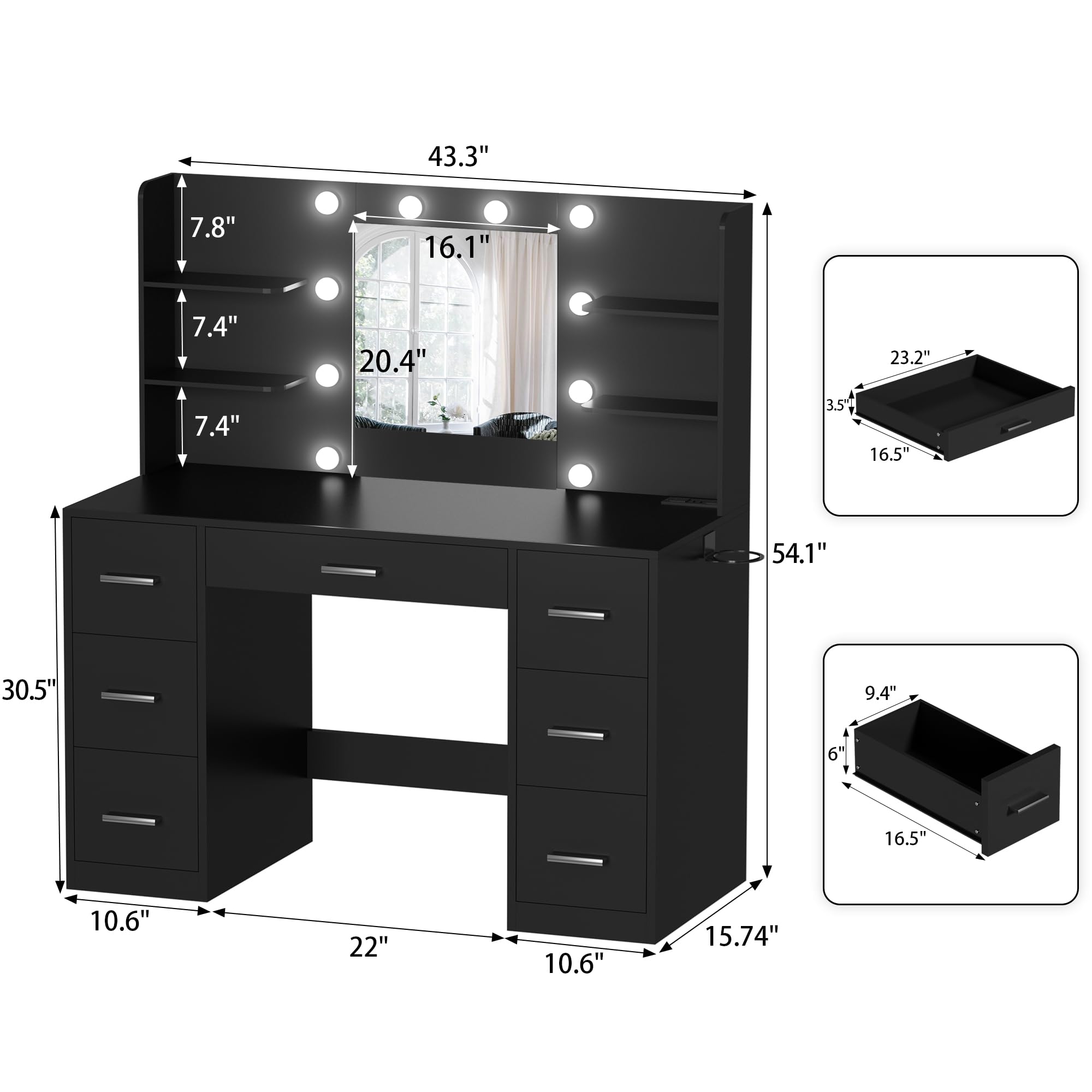YESHOMY Vanity Desk with Mirror, Makeup Table with 2 Large Drawers, Power Outlet and Round Holder, 3 Color Modes Adjustable Bulb, Bench Included, White