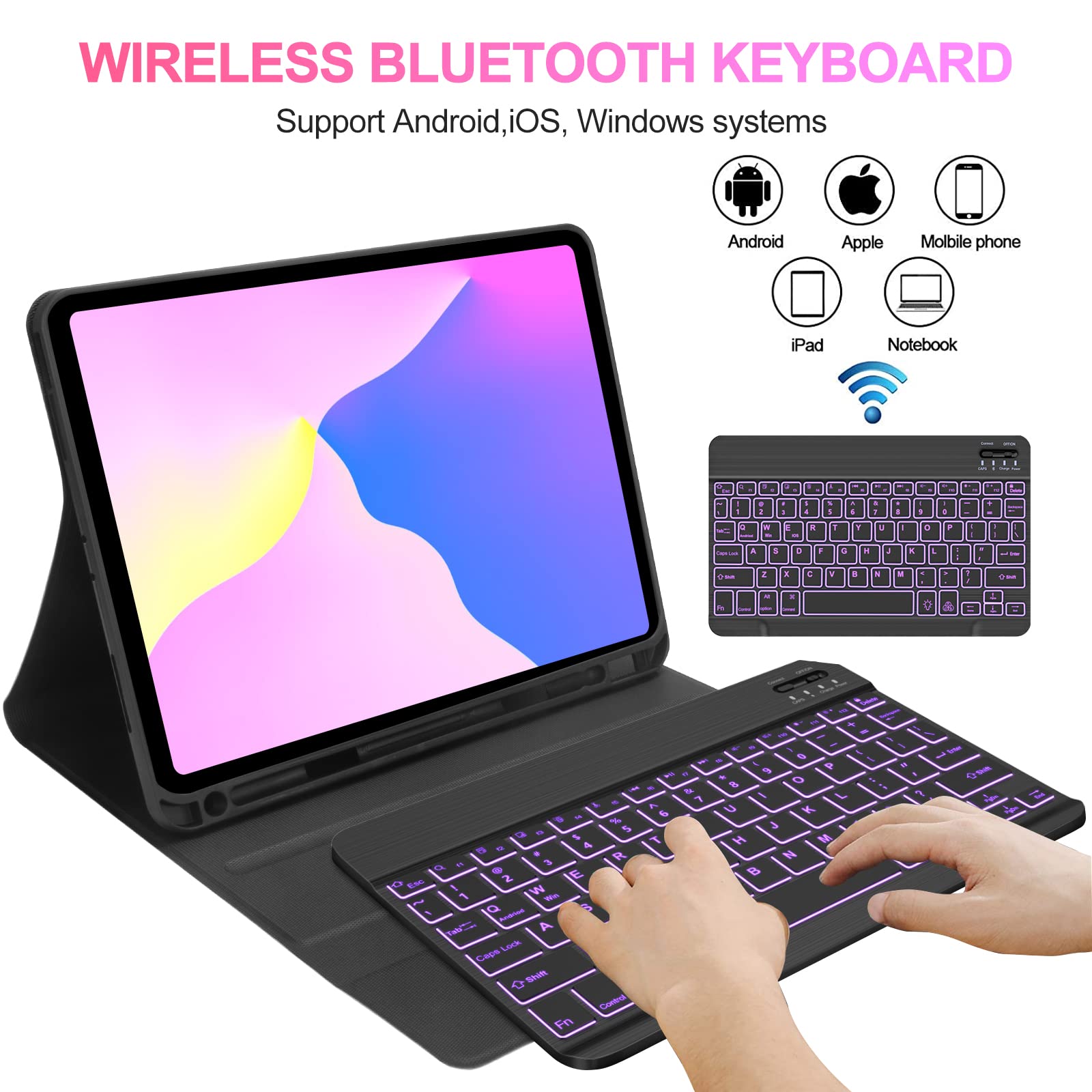 iPad Air 5th Gen 2022/4th Gen 2020 Keyboard Case 10.9 Inch, Smart 7 Colors Backlit and Detachable Wireless Keyboard, Slim Folio Cover with Pencil Holder, for Pro 11 Inch 4th/ 3rd/ 2nd/ 1st Gen, Black