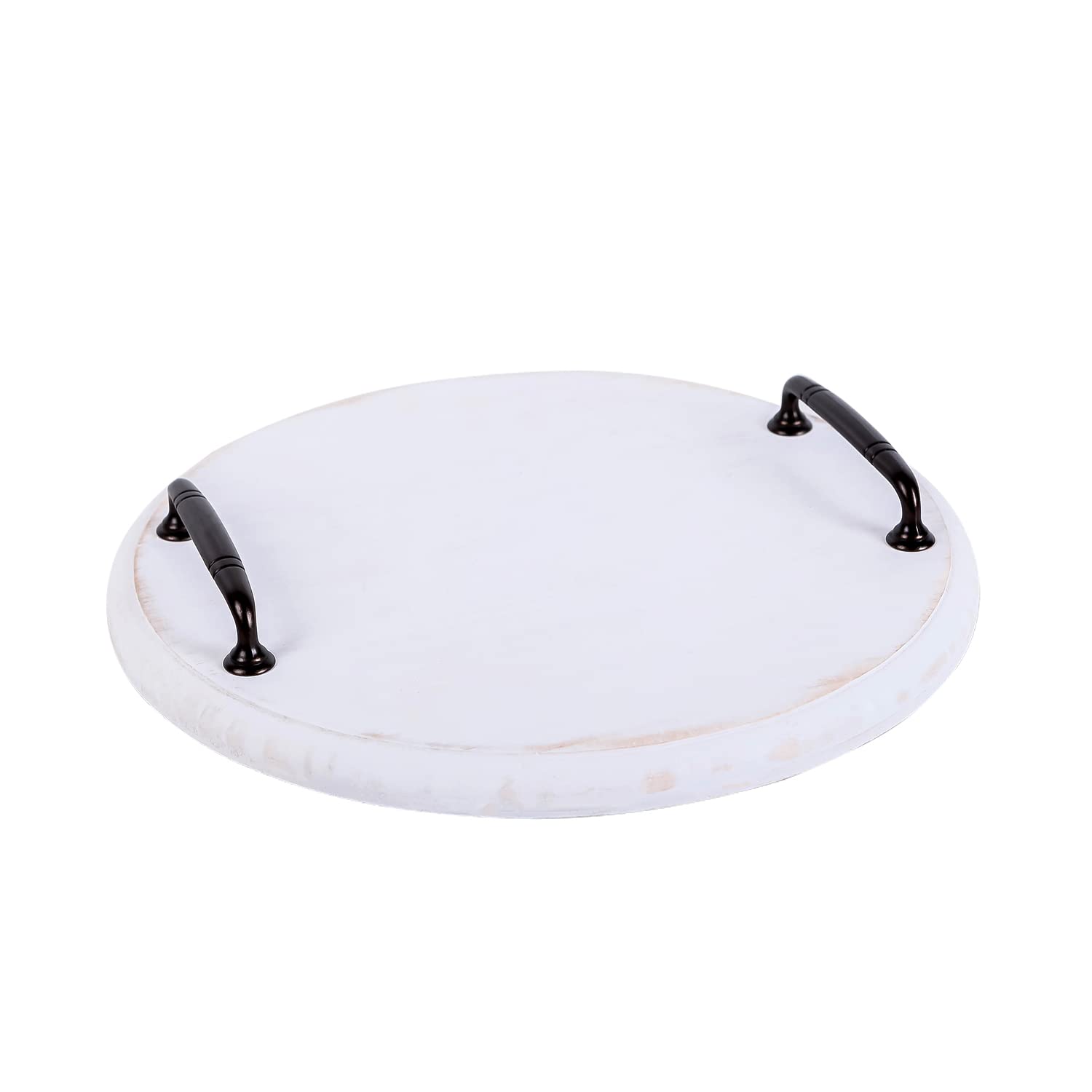 NIKKY HOME 11 Inch Rustic Wood Lazy Susan Turntable Serving Tray with Vintage Metal Handles Farmhouse Centerpiece Decor for Coffee Bar, Kitchen Counter, Dining Room Table, White