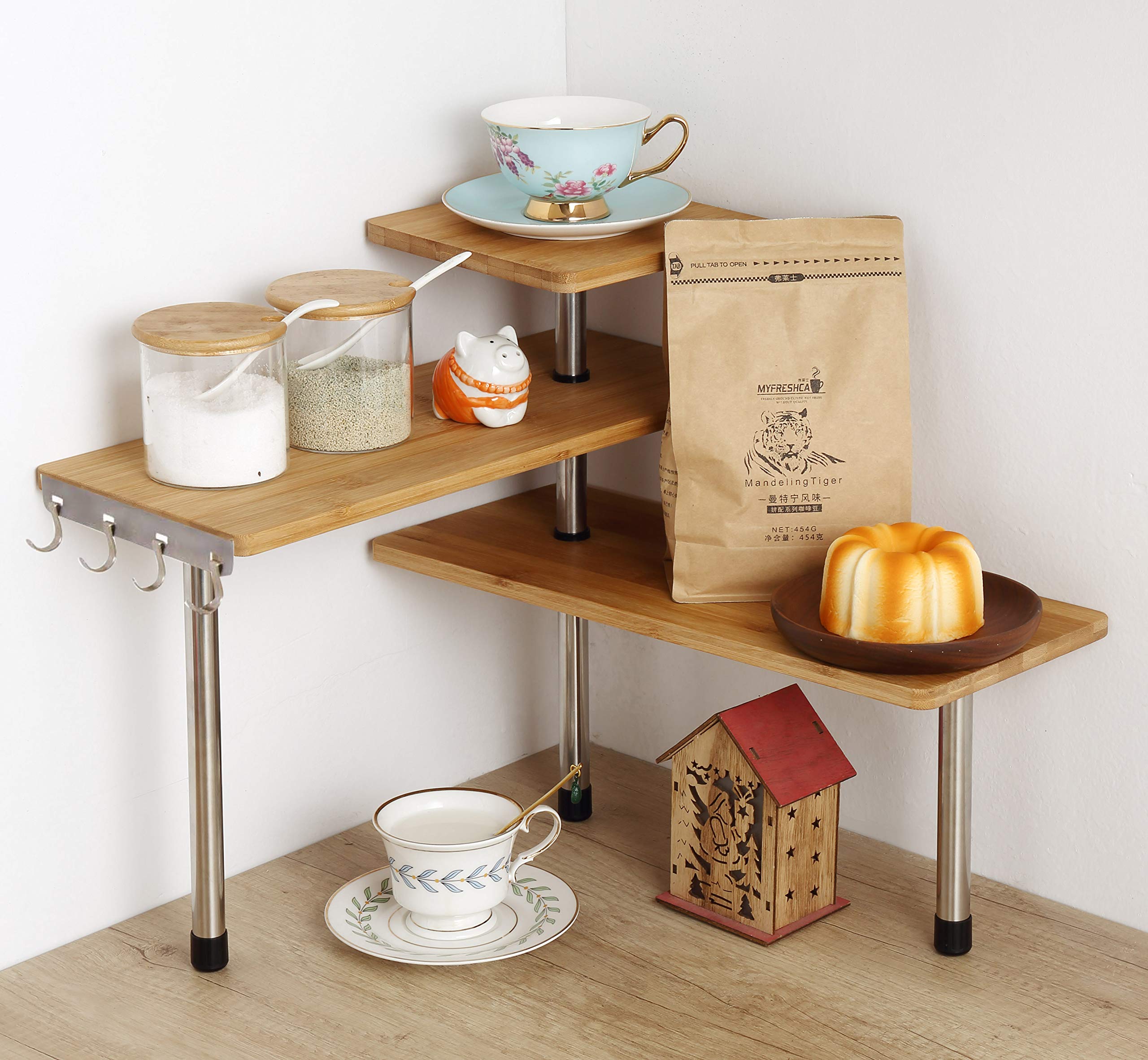 HYNAWIN 3 Tier Corner Shelf Bamboo & Metal Storage Spice Rack-Desk Bookshelf Display Shelves Space Saving Organizer -Adjustable Rack for Kitchen,Bedroom, Office-Creative Home Décor with Hooks