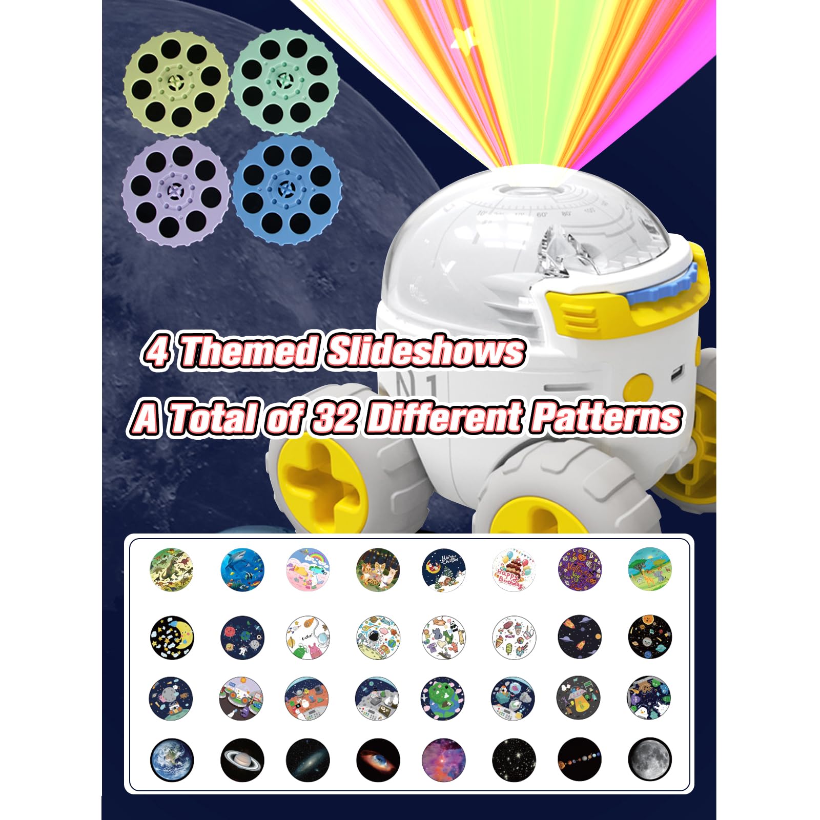 ITMIAYA Kids Night Light Projector Space Car Timing Function 4 Films 32 Patterns Cosmic Starry Sky/Cartoon Illustration/Holiday & Party/Adventure Story Birthday Gift Holiday Gift(Space Car)