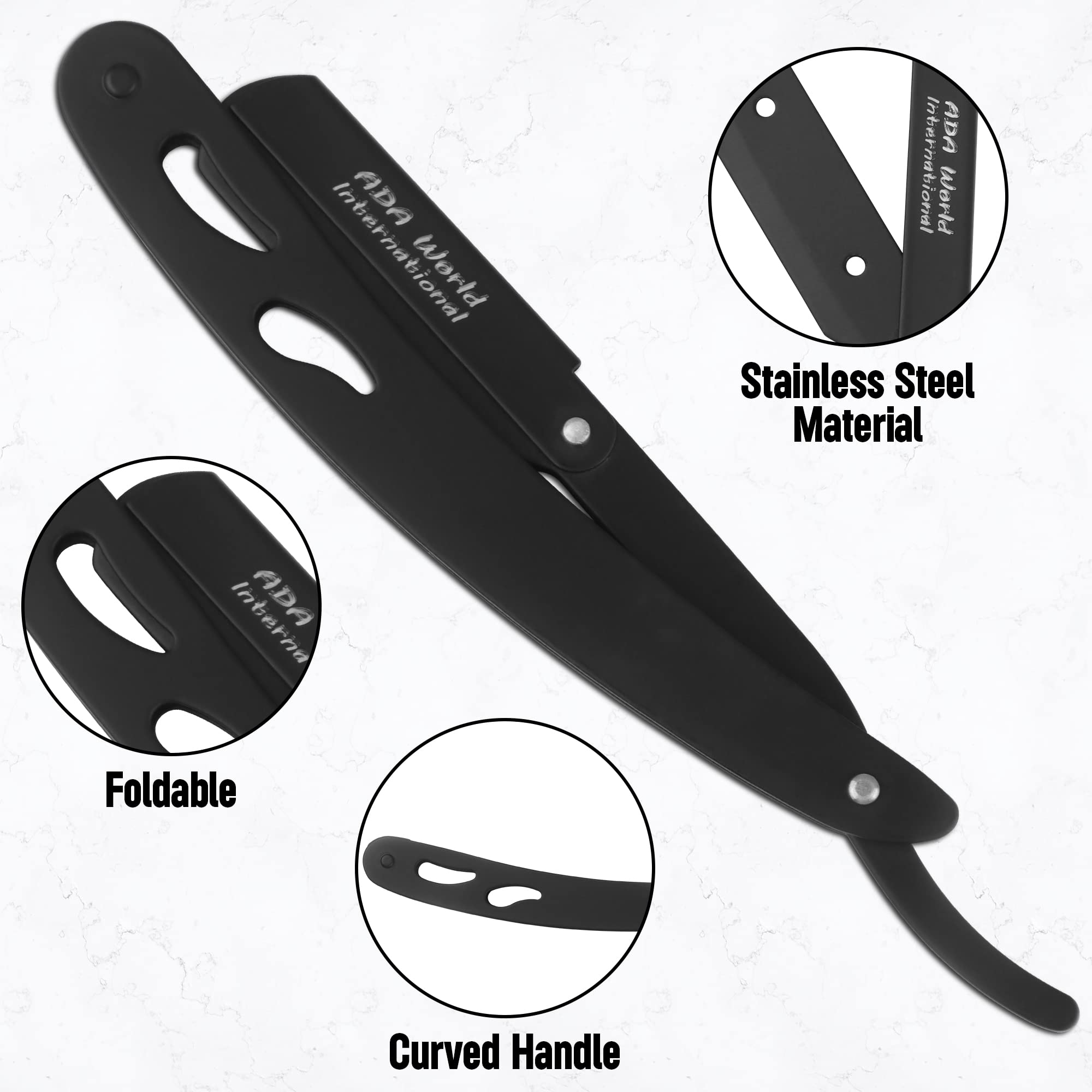 Professional Straight Edge Shaving Razor Barber Razors For Men + Single Blades 10 Pcs, Men's Manual Shaver Salon Quality Matte Black (Black)