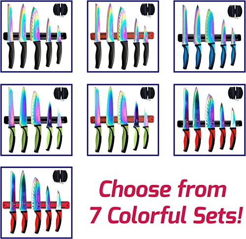 Kitchen Knife Set Kit, 5 Dishwasher Safe Colorful Knives, Knife Sharpener & Magnetic Wall Bar, Titanium Non Stick Plating Stainless Steel