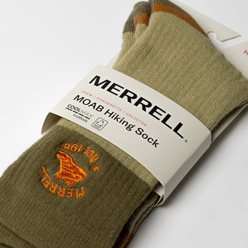 Merrell Unisex-Adult's Moab Hiking Mid Cushion Socks-1 Pair Pack-Coolmax Moisture Wicking & Arch Support, Crew-Green, M/L (Men's 9.5-12 / Women's 10-13)