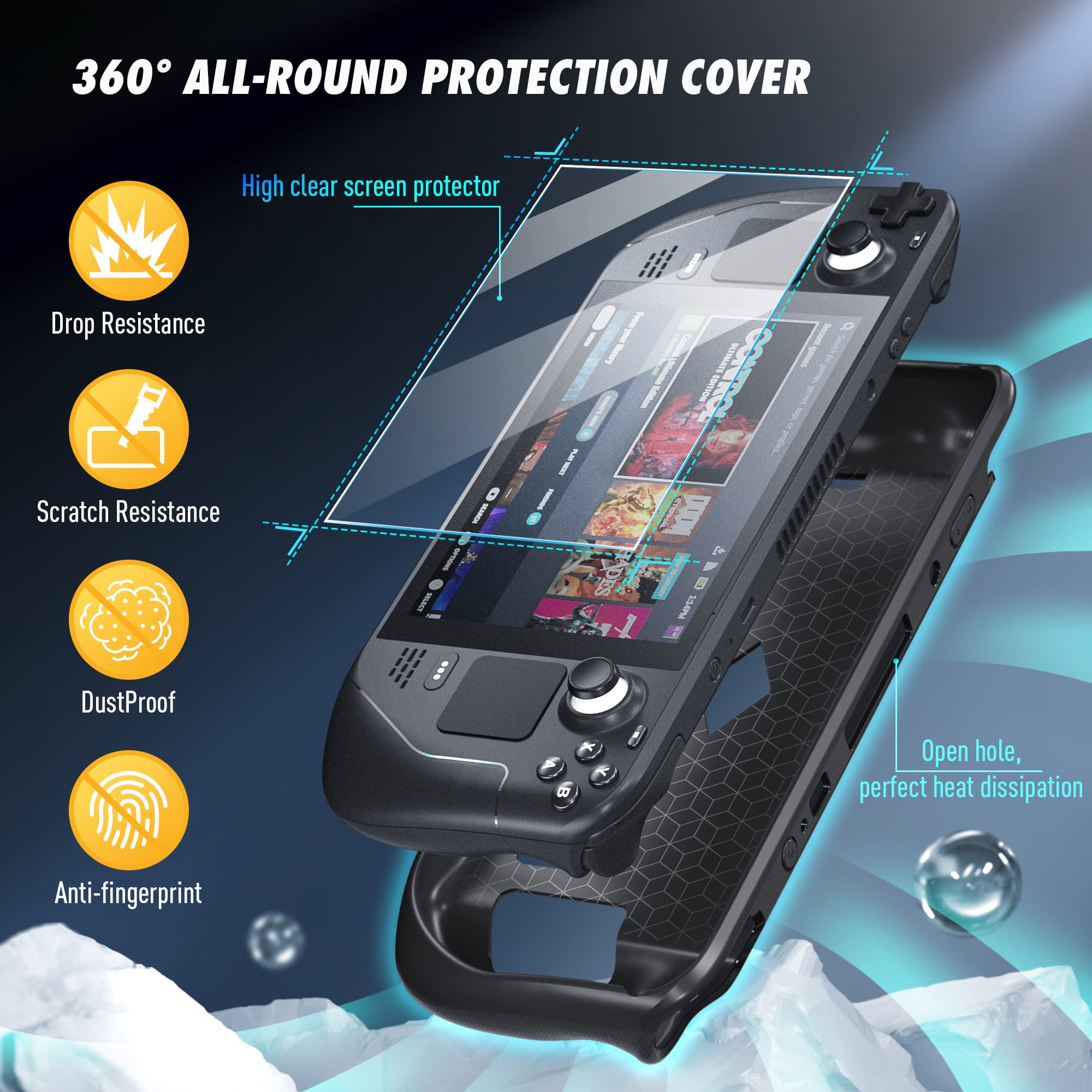 Protective Case for Steam Deck with HD Screen Protector, Narati TPU Soft Skin Protective Case with Anti-Dust & Button Protect Accessories Kit, Non-Slip & Anti-Collision Protector Cover for Steam Deck