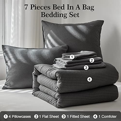 WARMDERN Grey Comforter Set King Size Waffle Weave Lightweight Bedding Comforter Sets Soft Microfiber Down Alternative Comforter 7 Pieces Bed in A Bag All Season(Gray, King)