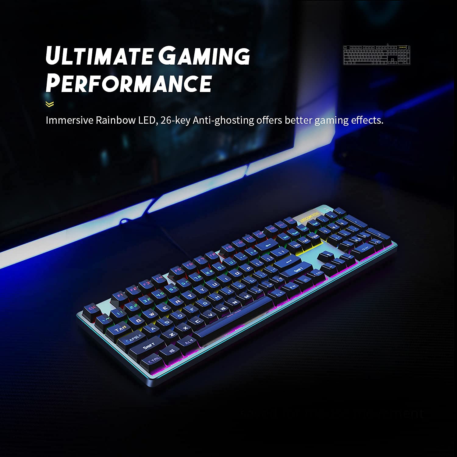 Kitcom NK30 Full Size Mechanical Gaming Keyboard with LED Rainbow Backlit, Anti Ghosting USB Wired Keyboard with Brown Switch Double-Shot Key caps, Ergonomic design, for Windows PC Gamers, 104 Key