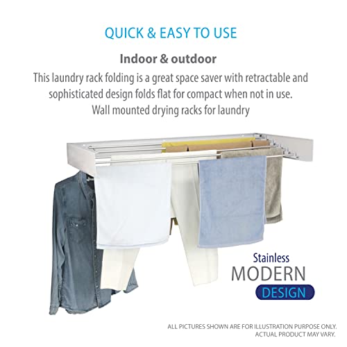 Wall mounted retractable clothing drying rack. Foldaway clothes rack. Collapsible folding hung indoor & outdoor. Space saver compact wall mount design. Foldable Hanging Racks for Laundry room (white)