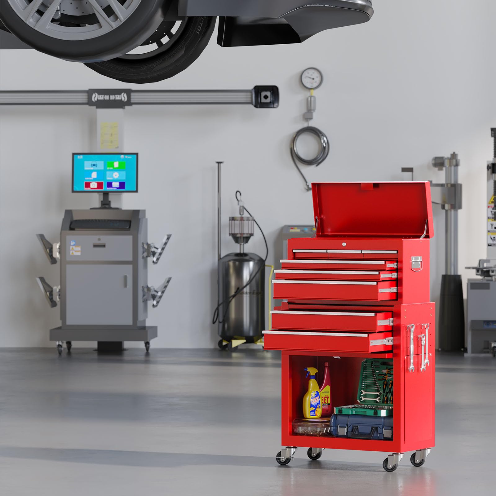 K KELBEL 8 Drawer Rolling Tool Chest Tool Box with Wheels, 2-in-1 Detachable Tool Cabinet with Sliding Drawers & Brake & Locking System for Garage, Warehouse(Red)