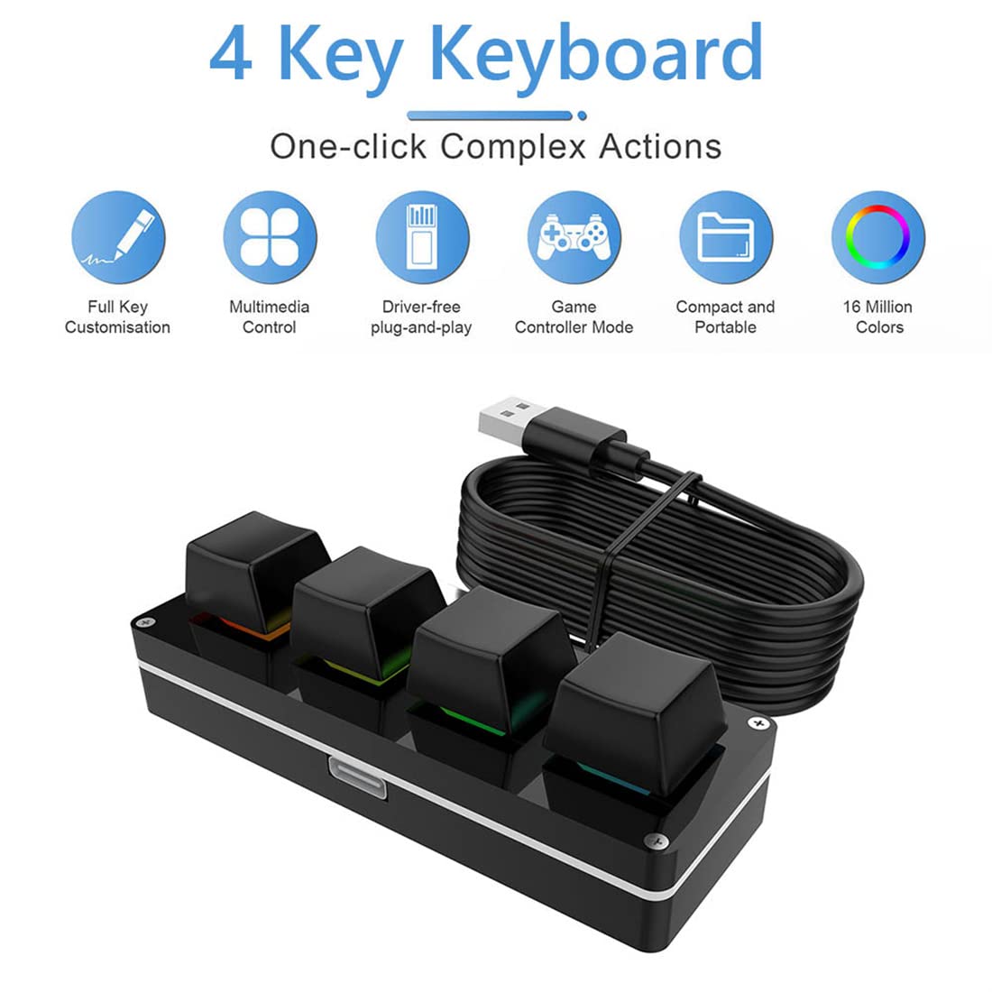 Programmable Keyboard RGB Macro Custom Gaming Keyboard Knob 3 Key + 1 Knob / 4 Keys Programmable Hotswap One-Handed Mechanical Keypad for PS Drawing (White 4 Keys)