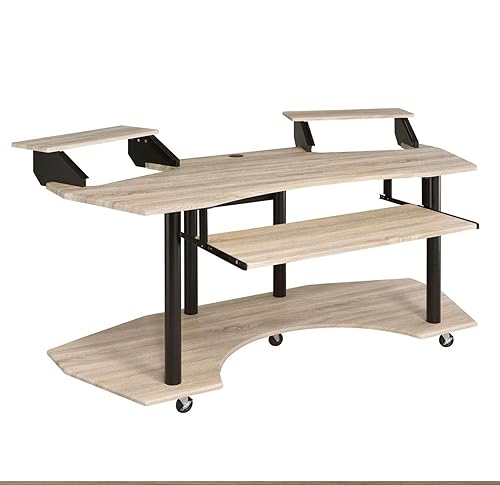 LEEKOUS STERXONE Best Music Recording Studio Desk with Piano Keyboard Tray, Recording Studio Workstation Table with 2 Stands, Bottom Shelf and Wheels, Wooden Home Office Computer Desks (Natural Oak)
