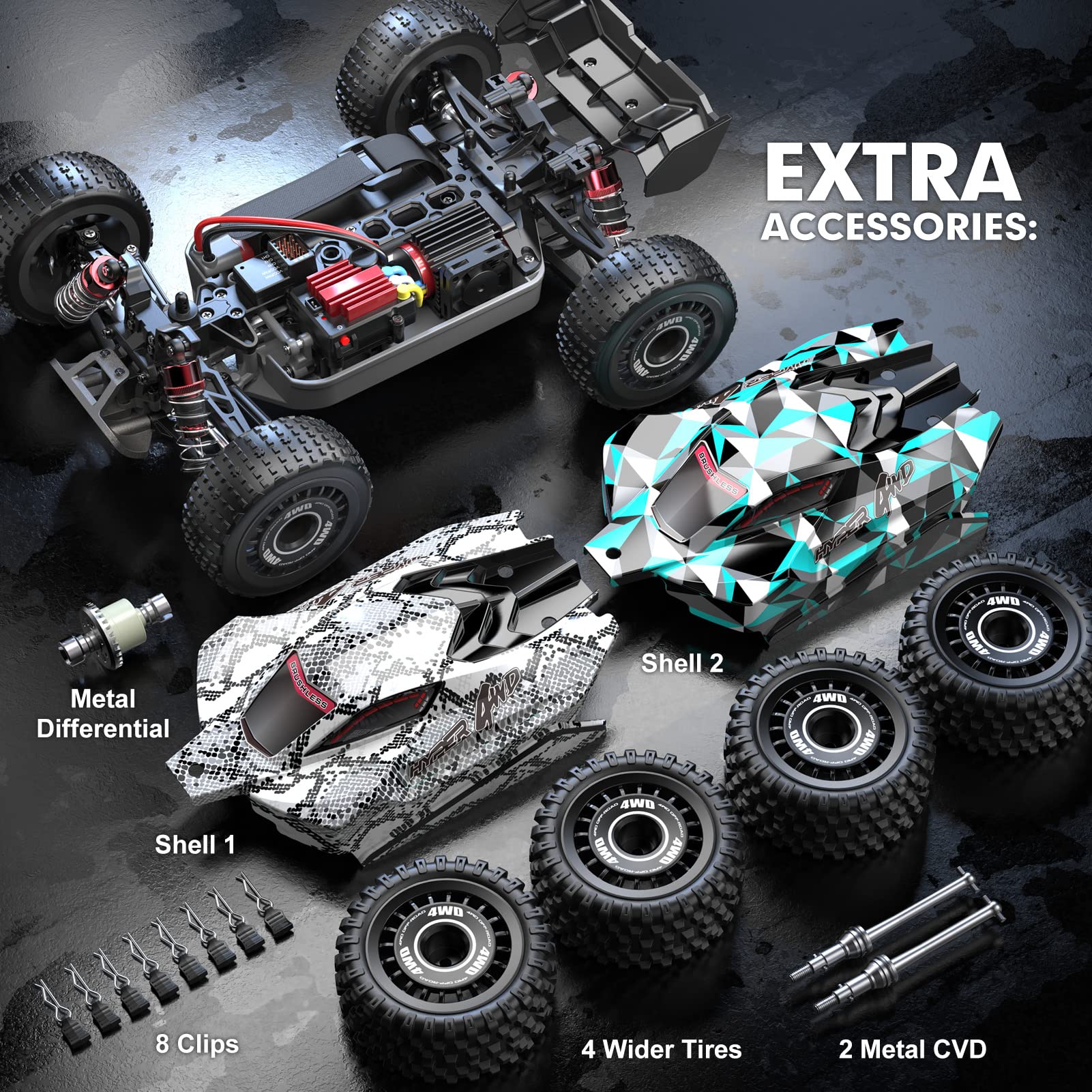 HYPER GO H16PL 1/16 RTR Brushless RC Buggy, Fast RC Cars for Adults, Max 38 mph Racing High Speed RC Car (2 x 2S Batteries and 1 x 3S Lipo Battery included, 3S charging cable included)