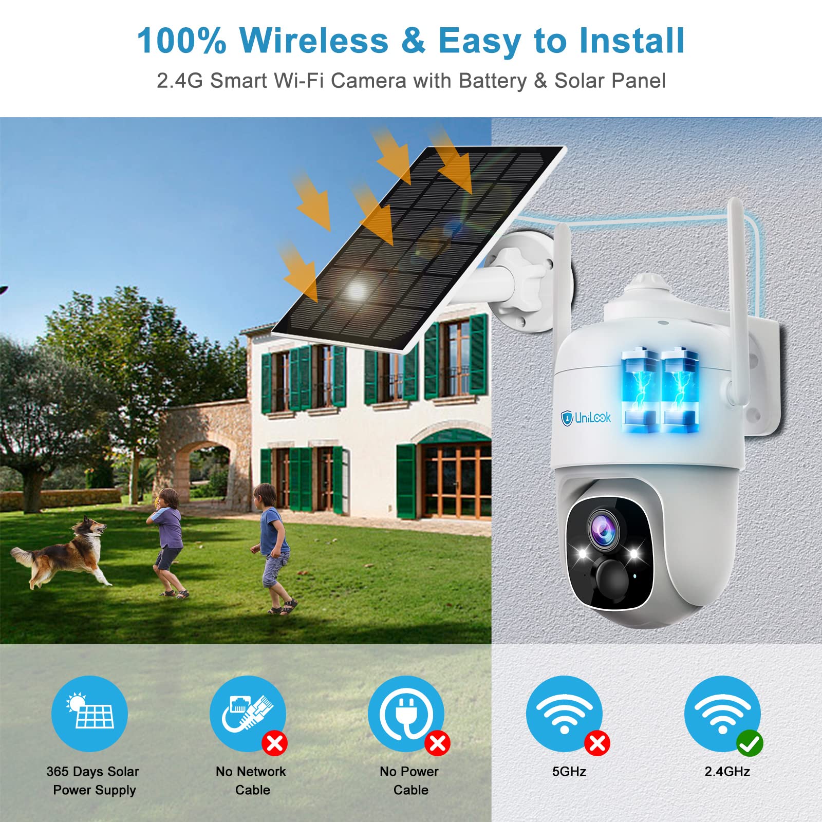 UNILOOK 2K Wireless Security Camera PTZ 360° Outdoor Solar Camera with 3MP Color Night Vision, AI Motion Detection IP66 Waterproof, 2-Way Talk, 2.4G WiFi, SD Storage,Whtie