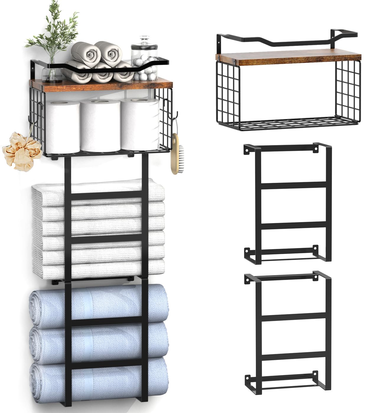 Towel Racks for Bathroom,Towel Rack Wall Mounted with 2 Pack Towel Shelf and a Wire Basket, Rolled Towel Holder Shelf Bathroom Storage and Organizer, Sturdy Metal & Wood, Black