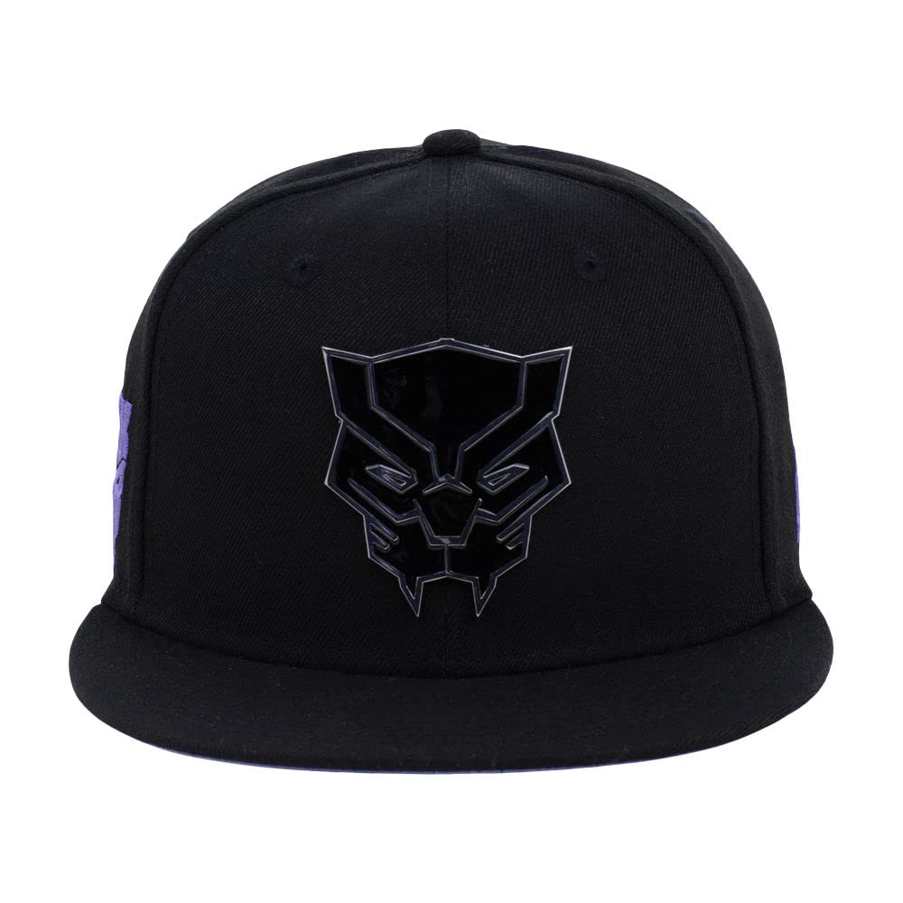 Marvel Black Panther Metal Logo Fitted Flat Bill Cap, Black/Blue 7 5/8