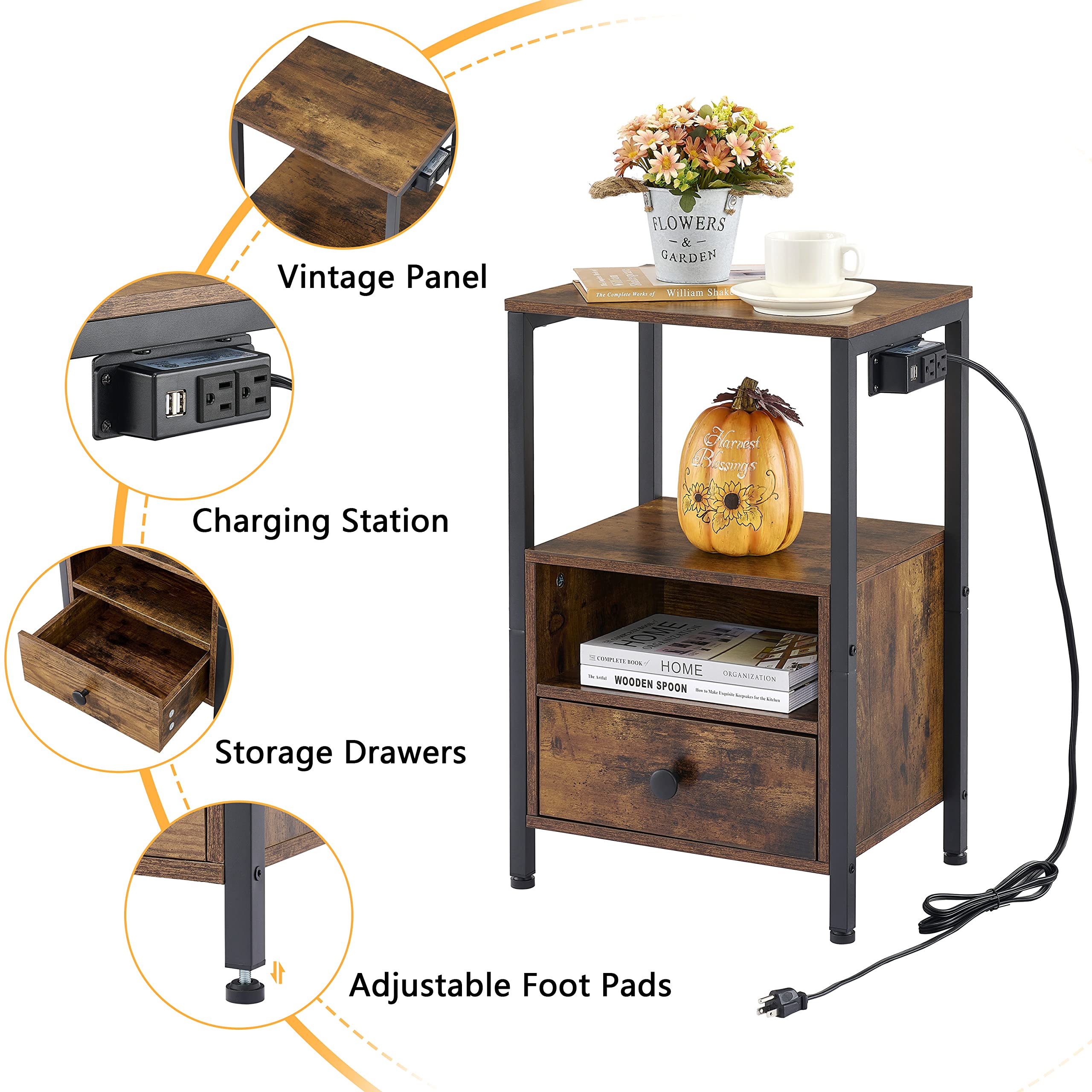 Hoctieon Nightstand with Charging Station, Night Stand with Drawers and Open Storage Shelf, End Table with USB Ports and Outlets, Bedside Table for Small Spaces, Rustic Brown