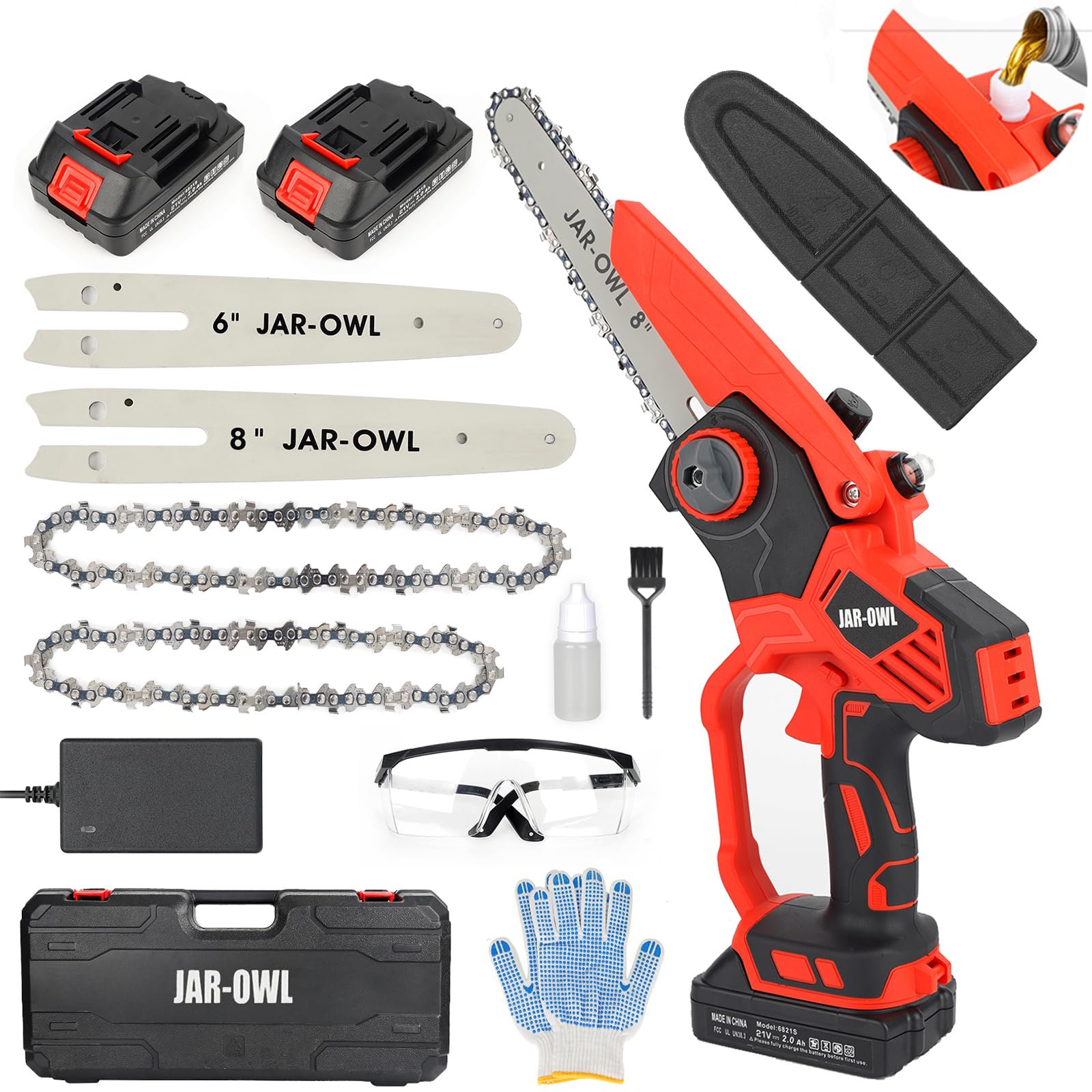 Jar-Owl 21V 8-inch & 6-inch 2.8Lb Cordless Mini Chainsaw - High-end Upgrade with Handheld Electric Auto Oiling System and 2 Big 2000mAh Batteries for Pruning and Cutting Branch Trees