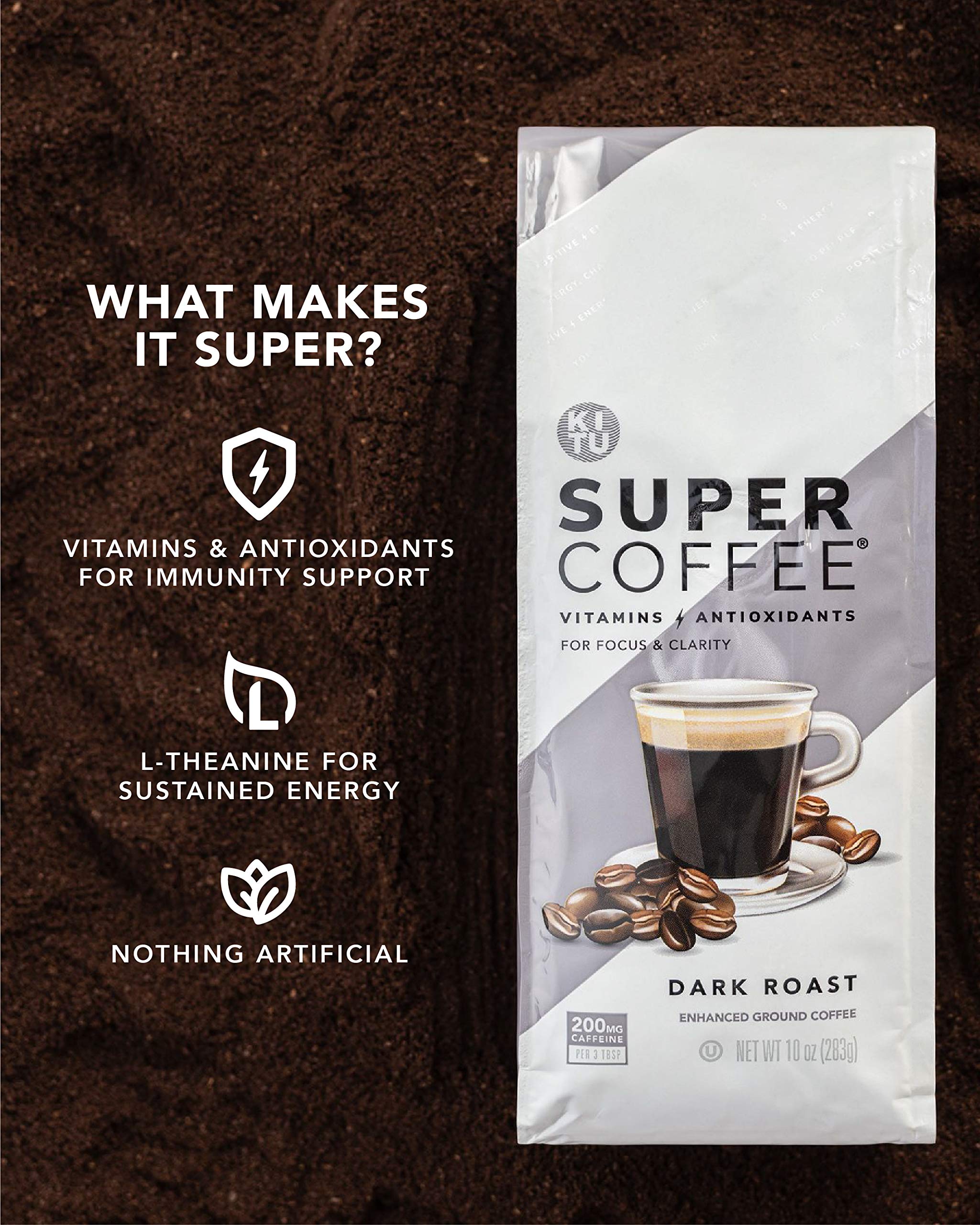KITU SUPER COFFEE Grounds, Energy & Immunity (2x Caffeine, Vitamins, Antioxidants) [Mocha] 10 Oz, 1 Pack | Keto Friendly Ground Coffee, 100% Arabica Coffee Ground