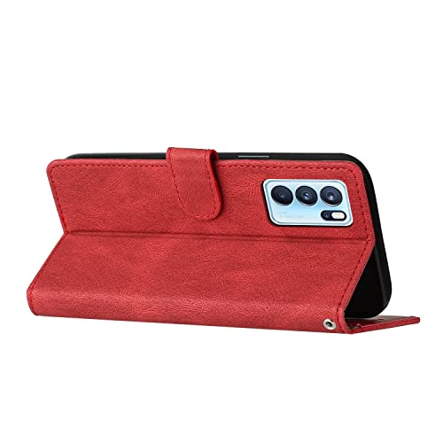 Wallet Case Compatible with Oppo Reno 6Pro 5G Case, Reno 6Pro 5G Wallet Case Slim PU Leather Phone Case Flip Folio Leather Case Card Holders Shockproof Protective Case with Wrist Strap ( Color : Verme