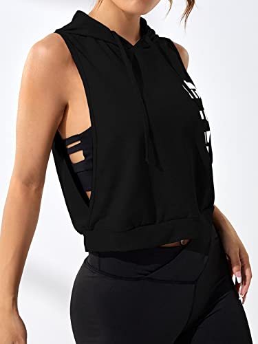 Verdusa Women's Letter Graphic Sleeveless Drawstring Sports Hoodie Workout Shirt Black L