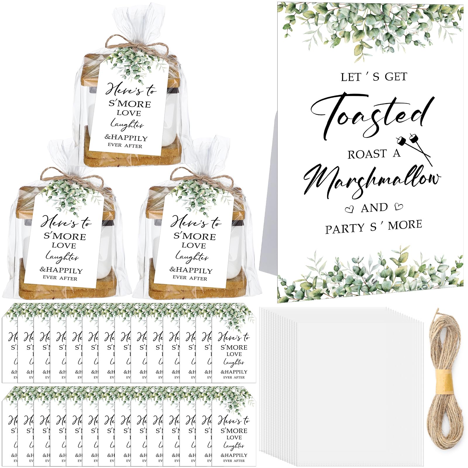 Yexiya 100 Sets Smores Wedding Favors Including 100 Clear Cellophane S'more Love S'more Bags 100 Paper Insert S'more Love Tags, Desktop Stand and 32.81 ft Twine for Wedding Baby Shower Party Favors