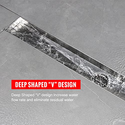 SaniteModar 24 inch Linear Shower Drain comes with Tiled Stealth and 304 Stainless Steel Brushed Polished 2 in 1 Panels.Tile Insert Shower Drain is Equipped Adjustable Feet,Hair Filters