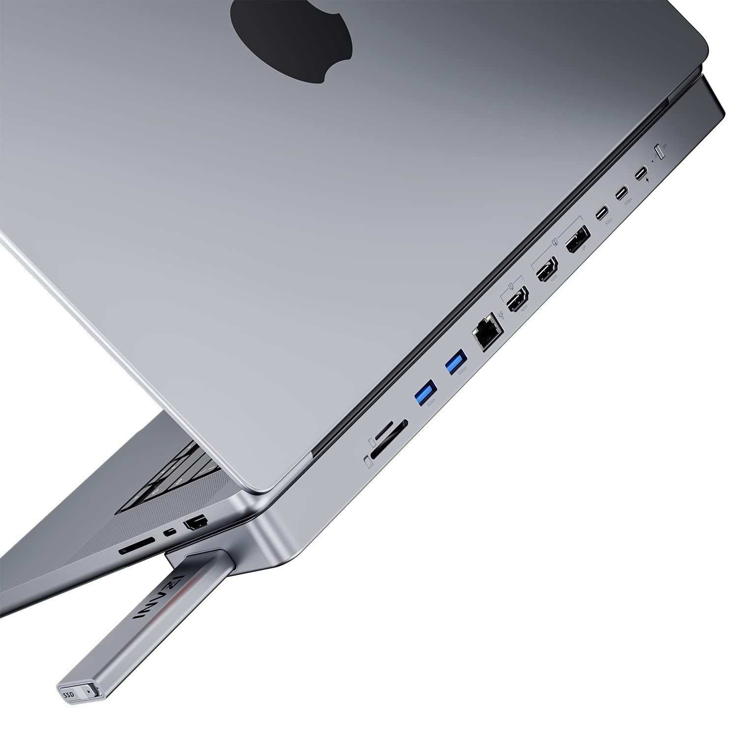 INVZI MagHub 12-in-2 USB-C Docking Station Triple Monitors with Pop-Up SSD, Dual 4K HDMI, DP, 100W PD Charging, USB 3.2 10Gbps USB, RJ45, SD/TF Slots for MacBook Pro M1 14” 16”, MacBook Air M2 13”