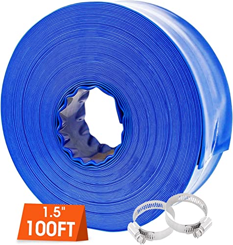 Poolvio 1-1/2" x 100' Professional Blue Backwash Hose with Clamps, General Purpose Reinforced PVC Lay-Flat Water Discharge Hose,for Use While Back-Washing Filters and Draining Pools