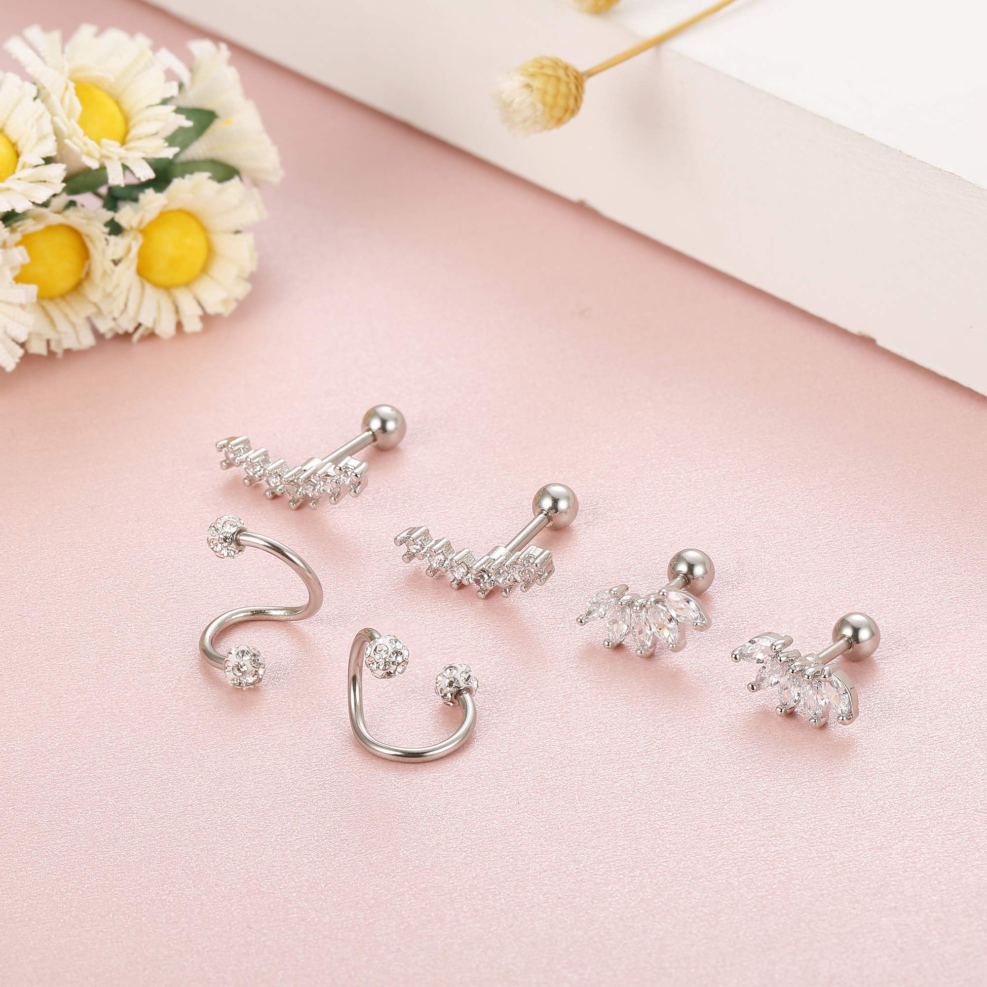 JOERICA 3 Pairs Stainless Steel Silver Ear Cartilage Earrings for Women Tragus Helix Earring Cute Conch Flat Back Piercing Jewelry 16G
