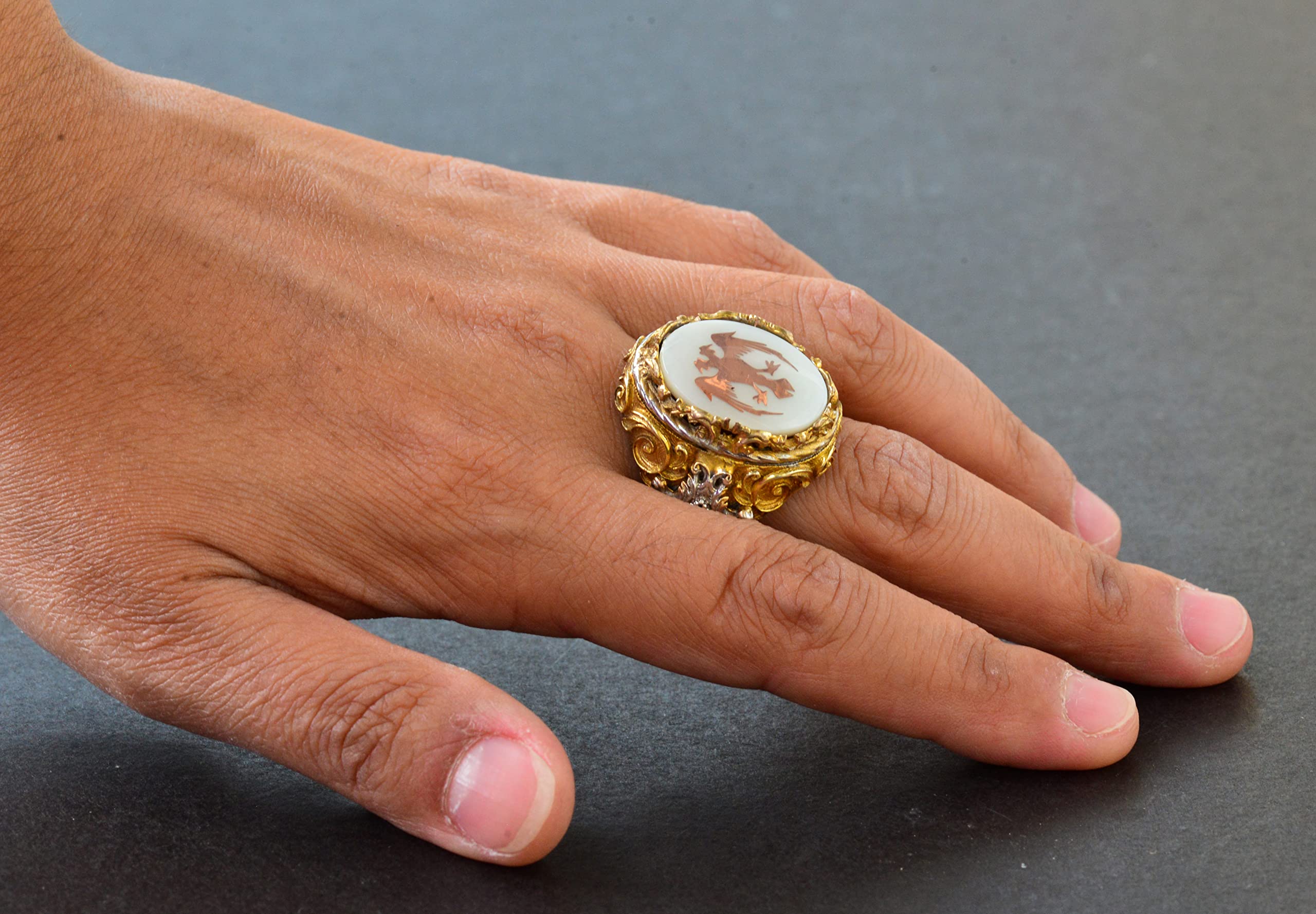 Men's Sterling Silver Ring - Pearl Stone - Signet Ring (Double Headed Eagle)