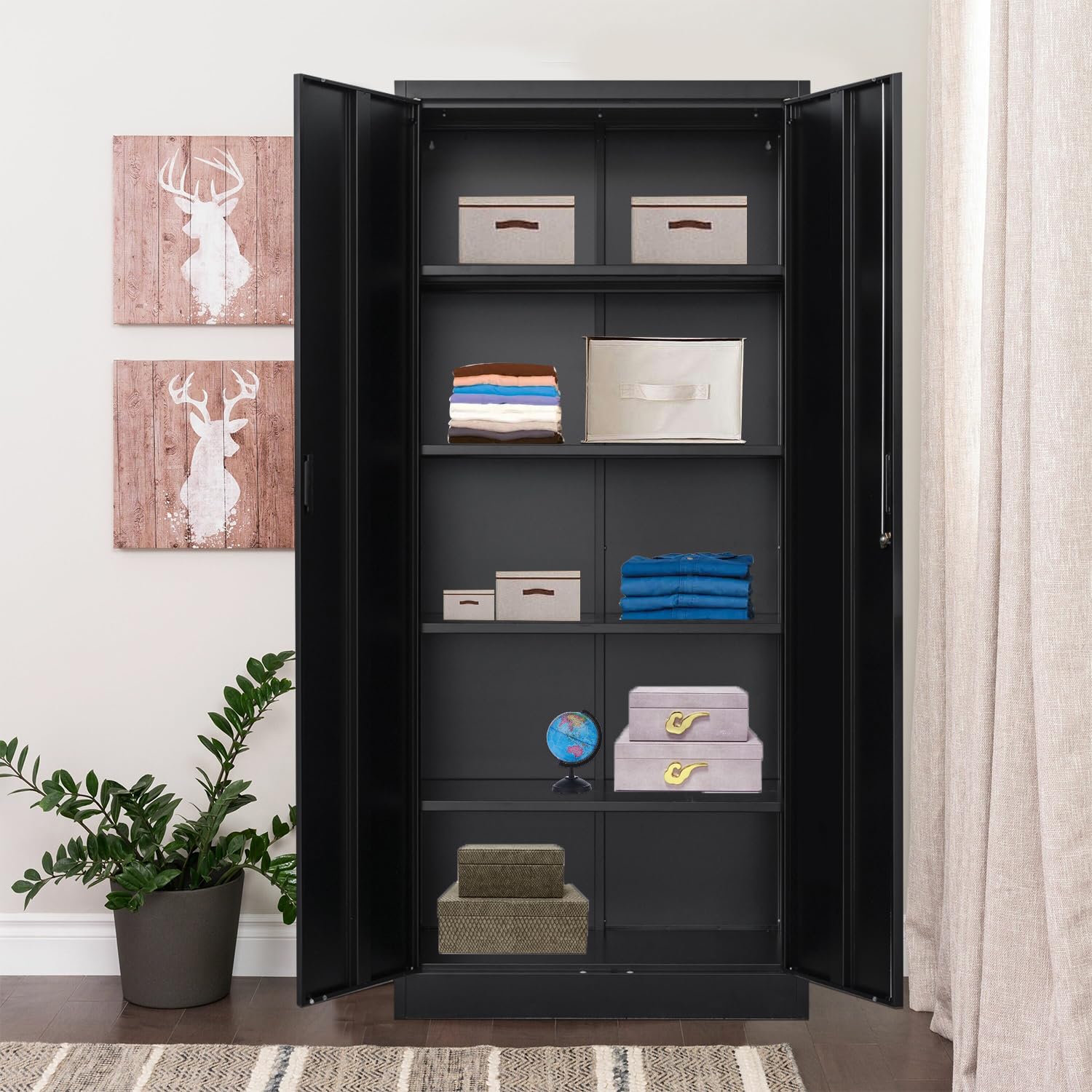 YEEZER Metal Storage Cabinet 71β with 2 Doors and 5 Adjustable Shelves, Garage Steel Locking Cabinet, Tall Cabinets Lockable File Cabinet for Home, Office, Garage, Gym, School. (Black)