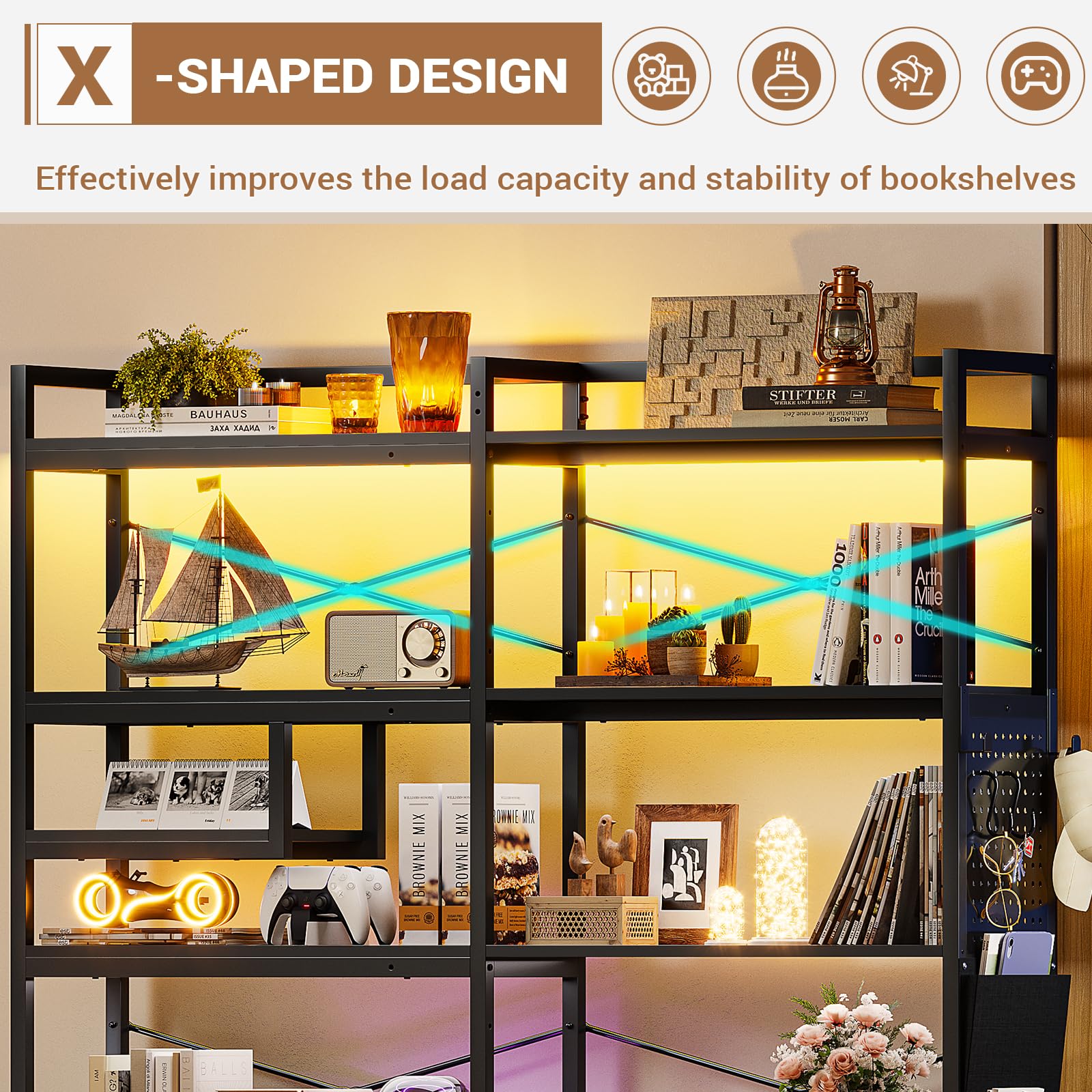 Itaar 5-Tier Book Shelf, Reversible 70.8" W Bookcase Storage Shelves or Corner Bookshelf, Bookshelf with LED Light, 2 Pegboards, Storage Bag & 4 Hooks for Bedroom, Black