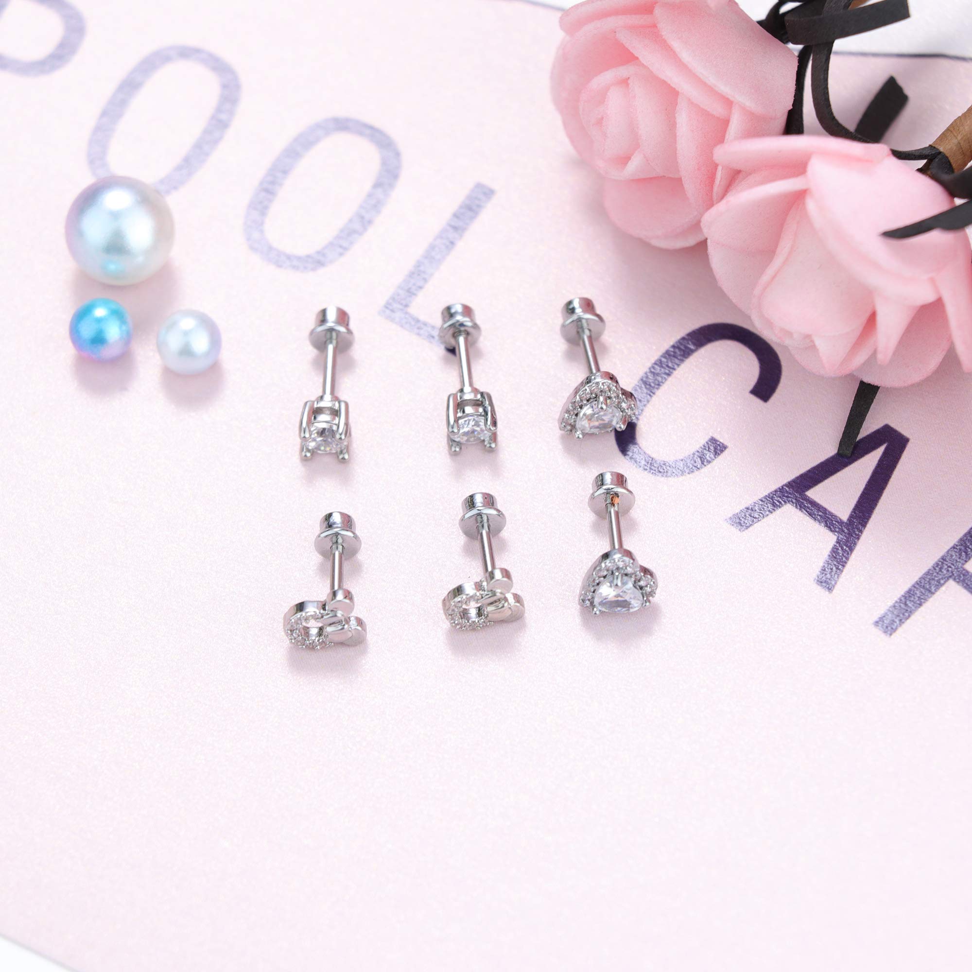 JOERICA 3 Pairs Hypoallergenic Screw Back Earrings for Women Surgical Steel Cute Heart Butterfly CZ Tiny Screwback Stud Earring