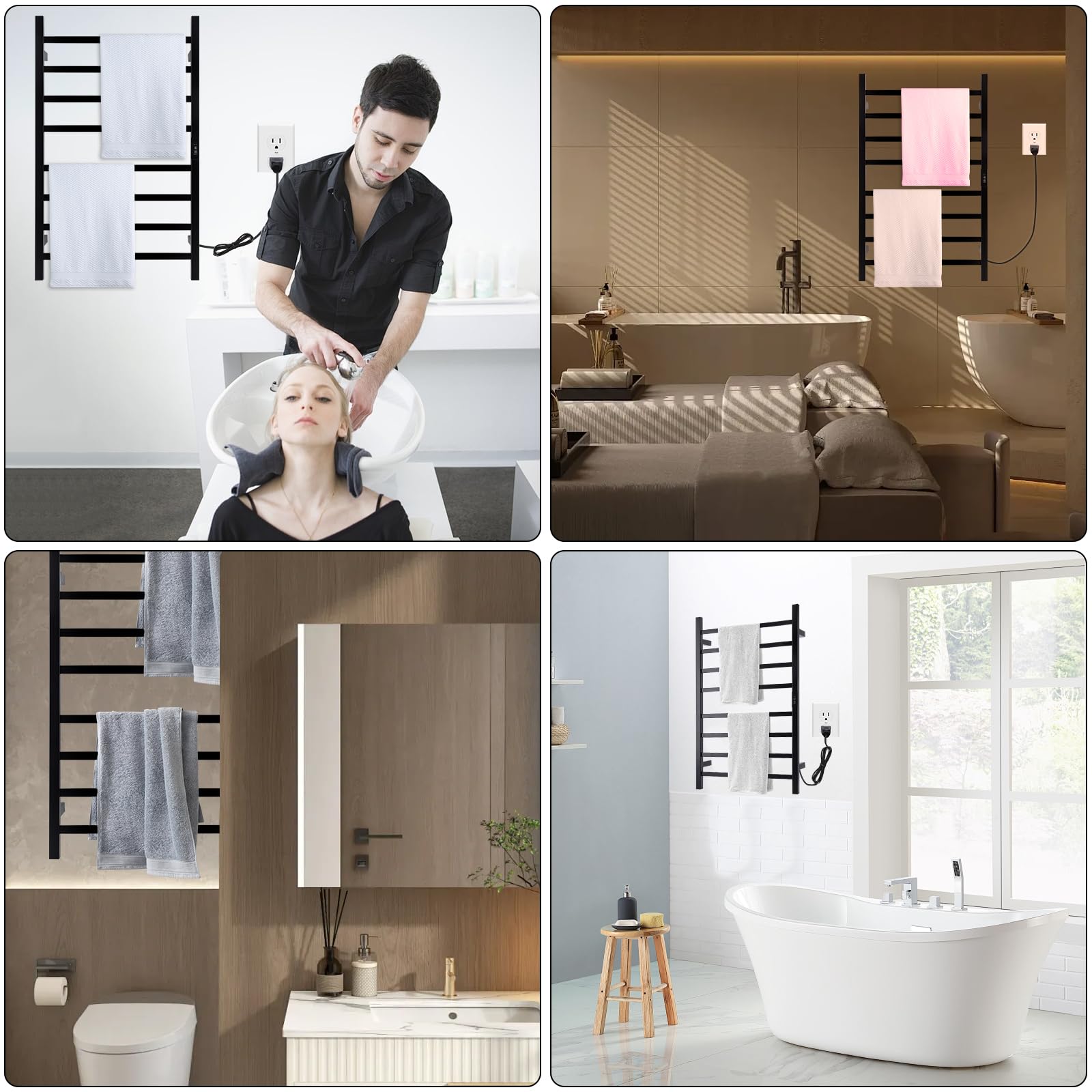 Towel Warmer Heated Towel Bar-Rack - Nopwer Bathroom Wall Mounted Electric Towel Drying Plug-in Matte Black 8 Bars