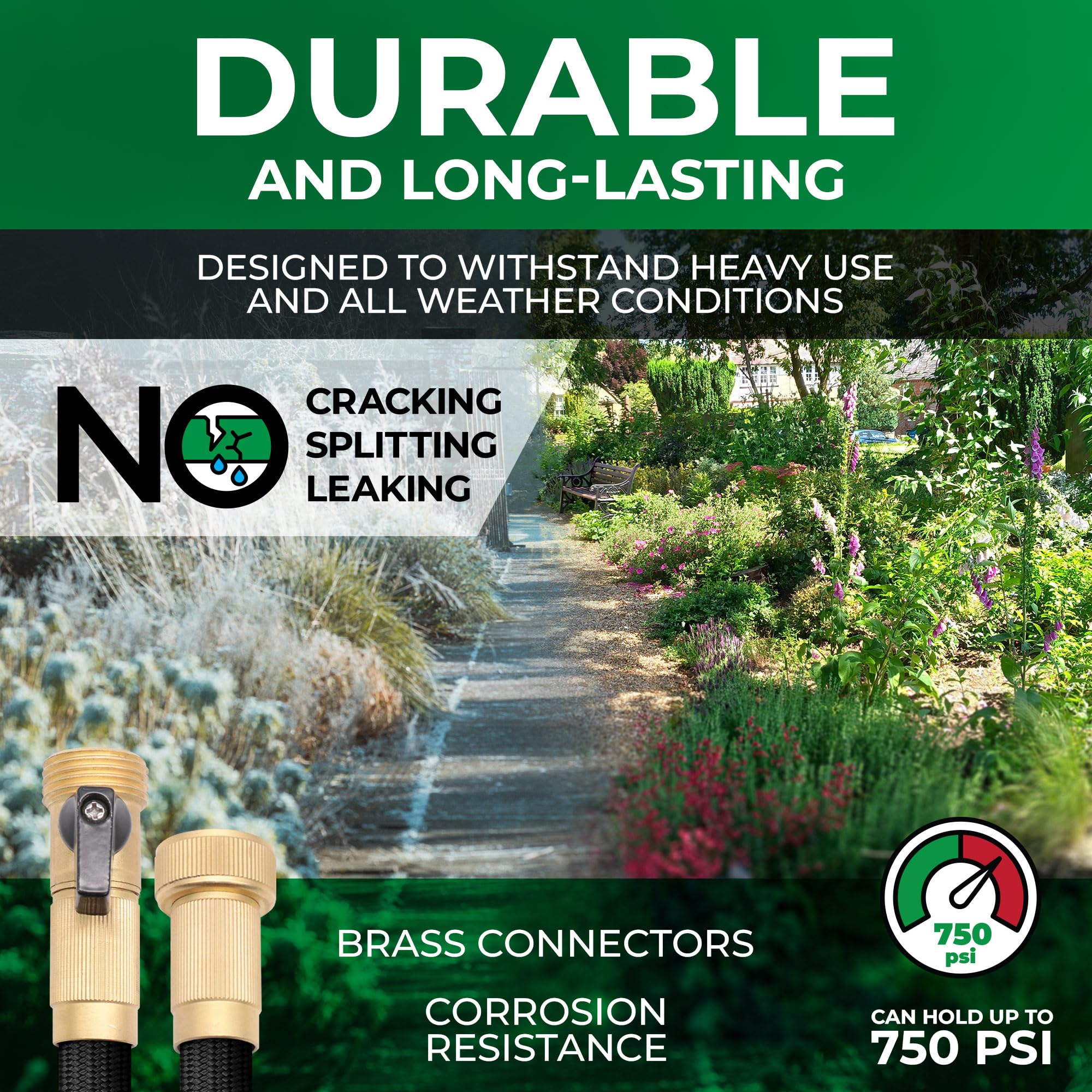 LightHose Garden Hose, NON-EXPANDABLE Garden Hose, Super Light Weight Hose, No Burst, 3/4 inch Solid Brass Connectors, 25 Ft, Black