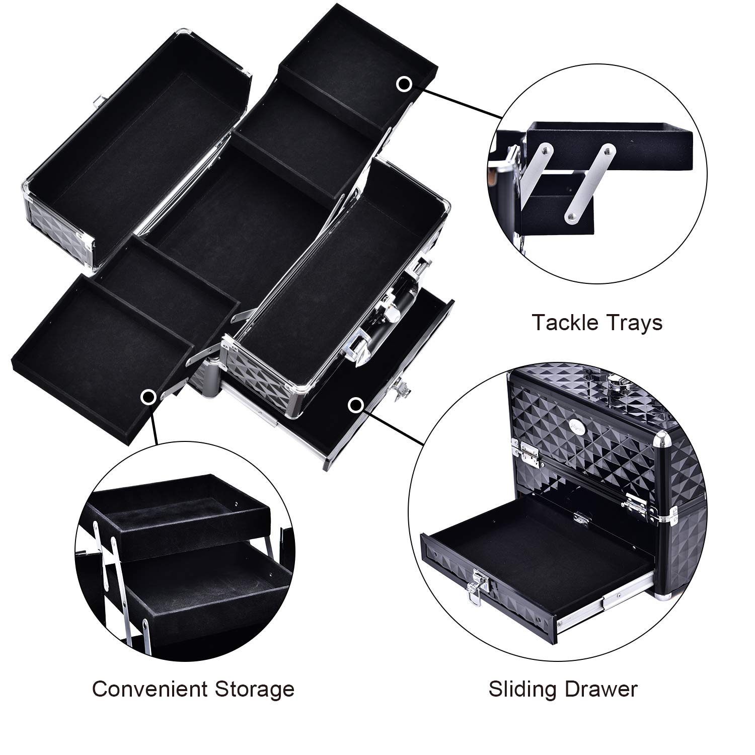 Joligrace Makeup Train Cases Professional Travel Makeup Cosmetic Cases Organizer Portable Box with Drawer Black
