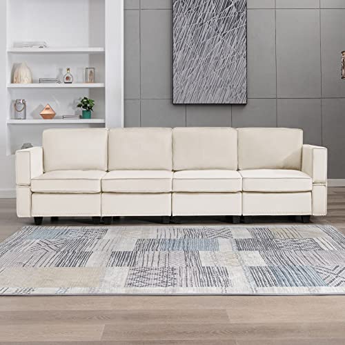 ZAFLY Sectional Sofa, 4 Seat Convertible Modular Beige Couch with Adjustable Backrest and Armrests I Shaped Sleeper Comfy Couch for Living Room
