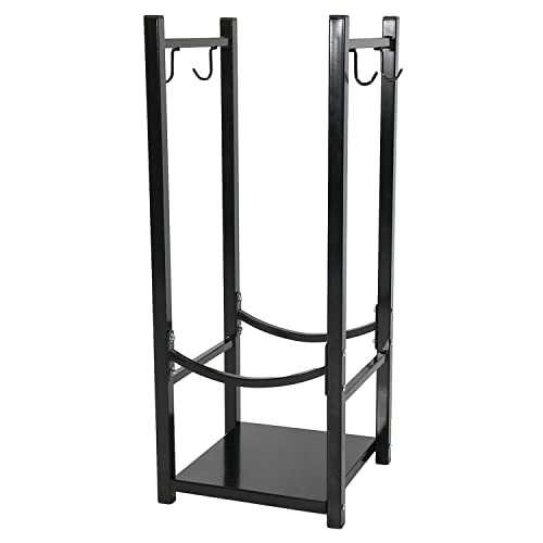 Sunnydaze Firewood Log Rack with Tool Holder Hooks - Indoor/Outdoor Durable Powder-Coated Steel Space-Saving Design - Black