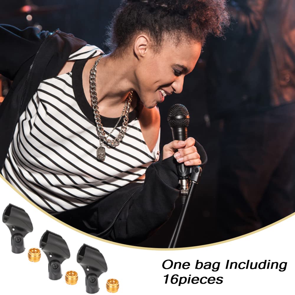 Microphone Clips for Stands, 16 Pack Microphone Clip Holder Adjustable Microphone Holder Clamp Wireless Mic Holder Clip for Mic Stand with 5/8 Inch Male to 3/8 Inch Female Adapters, Black