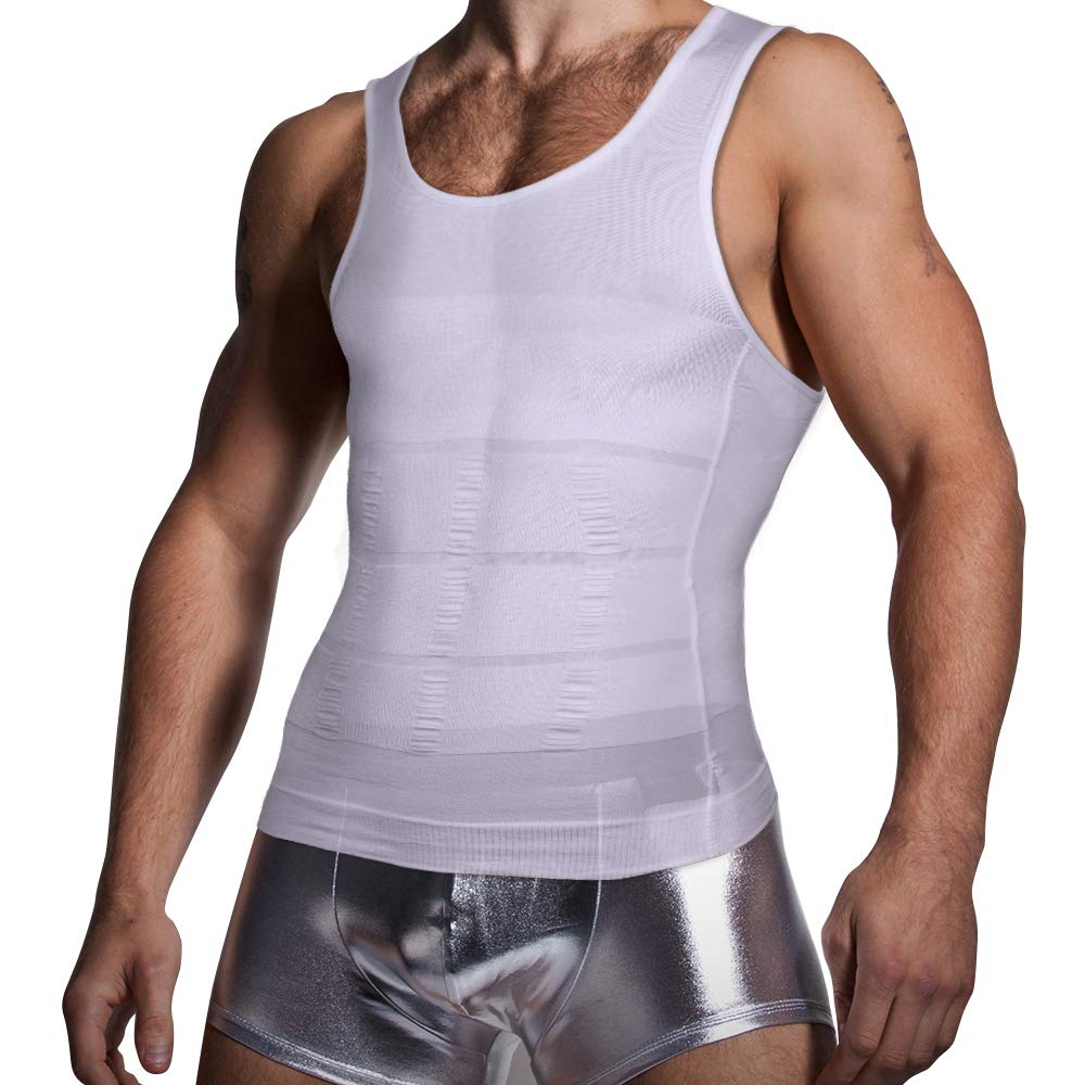 KOCLES Men's Compression Tank Top Slimming Body Shaper Vest Shirts Abs Abdomen Slim Undershirts Gym Weight Loss Workout Clothing (White, Medium)