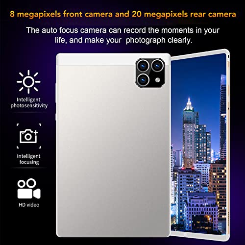PUSOKEI 8in Tablet PC,Silver,for Android10,RAM 4GB ROM 64GB,Front 2MP Rear 8MP,1920x1200 IPS Tablet for Kids,Dual Card Slot,Dual Band WiFi,BT4.2,GPS