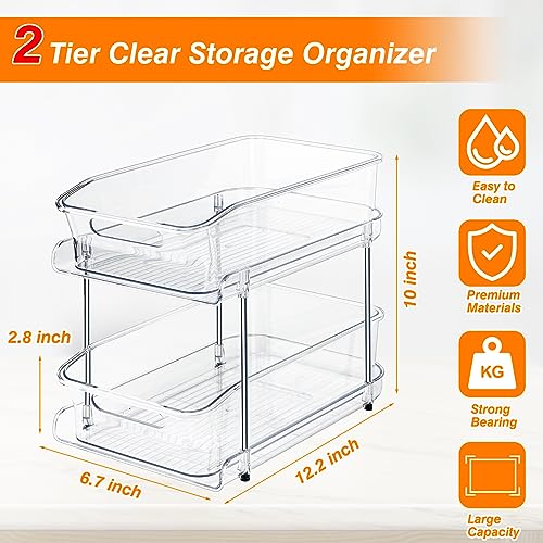 JUPELI 2 Tier Clear Bathroom Organizer with Dividers, Multi-Purpose Pull-Out Pantry Organization and Storage, Under Sink Closet Organizers and Storage, Vanity Skincare Cosmetic Organizer Medicine Bins