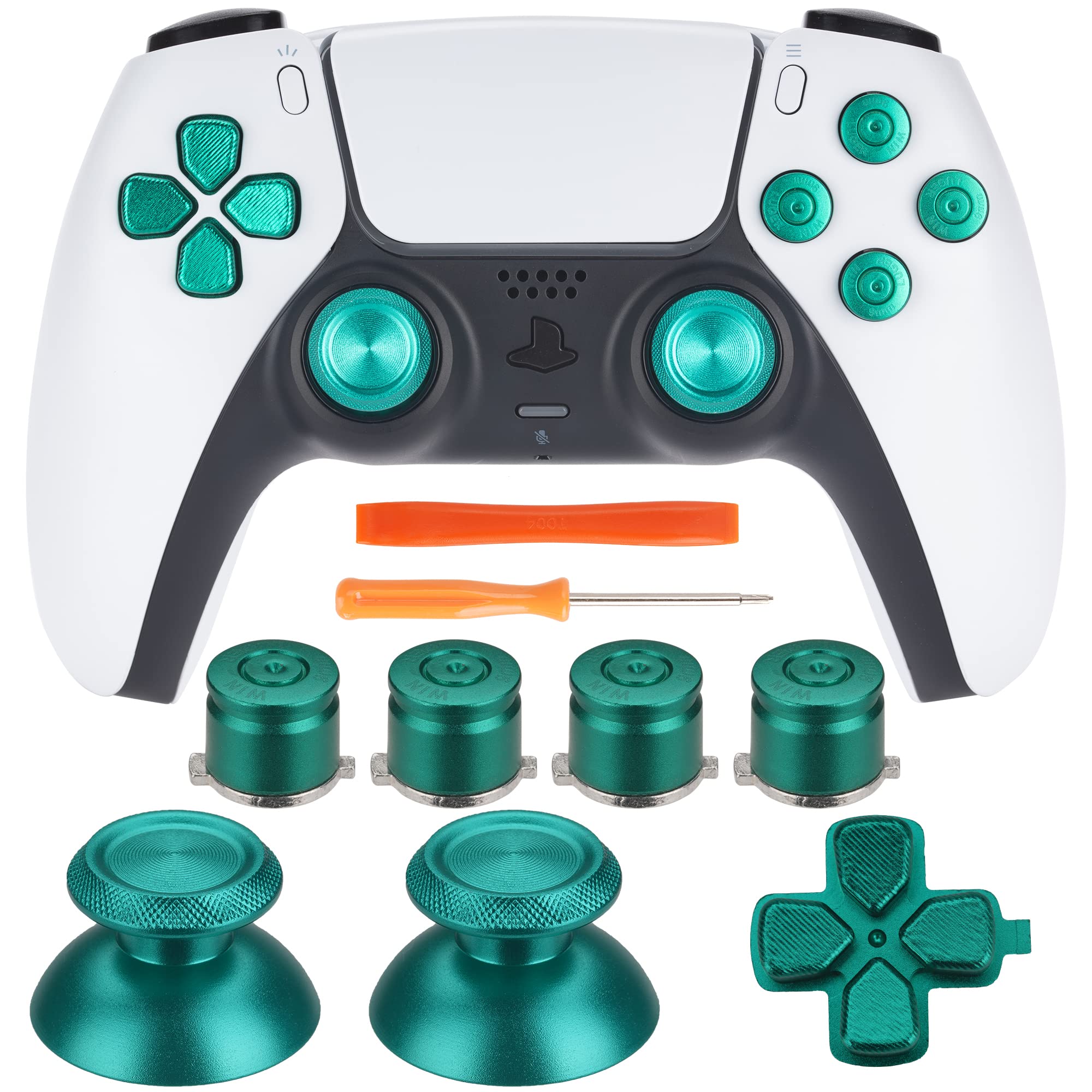 Metal Buttons Replacement Kit for PS5 Controller, Custom Replacement Alumium Analog Thumbsticks & Dpad & ABXY Buttons Accessories Compatible with Dualsense Controller (Green)