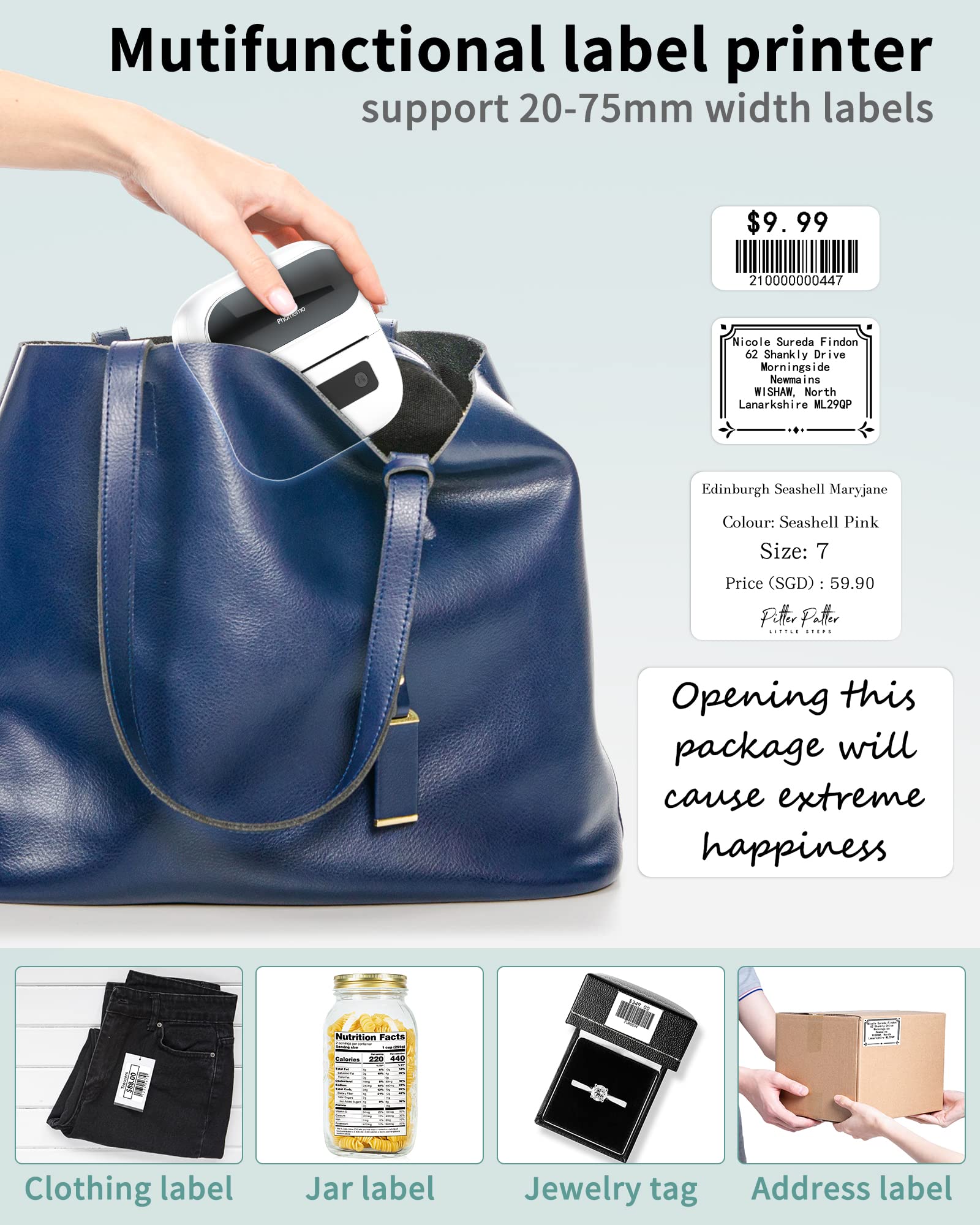 Itari Label Maker Thermal Label Printer, M220 Bluetooth Wireless Inkless Portable Printer for Barcode, Address, Labeling, Mailing, Small Business, Support Phones and PC, with 1 Roll 40×30mm Label