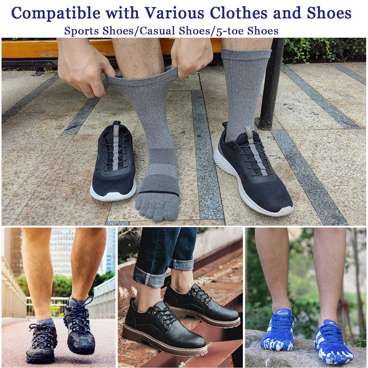 Men's Toe socks Cotton Crew Five Finger Socks for Running 3 Pairs(Grey)